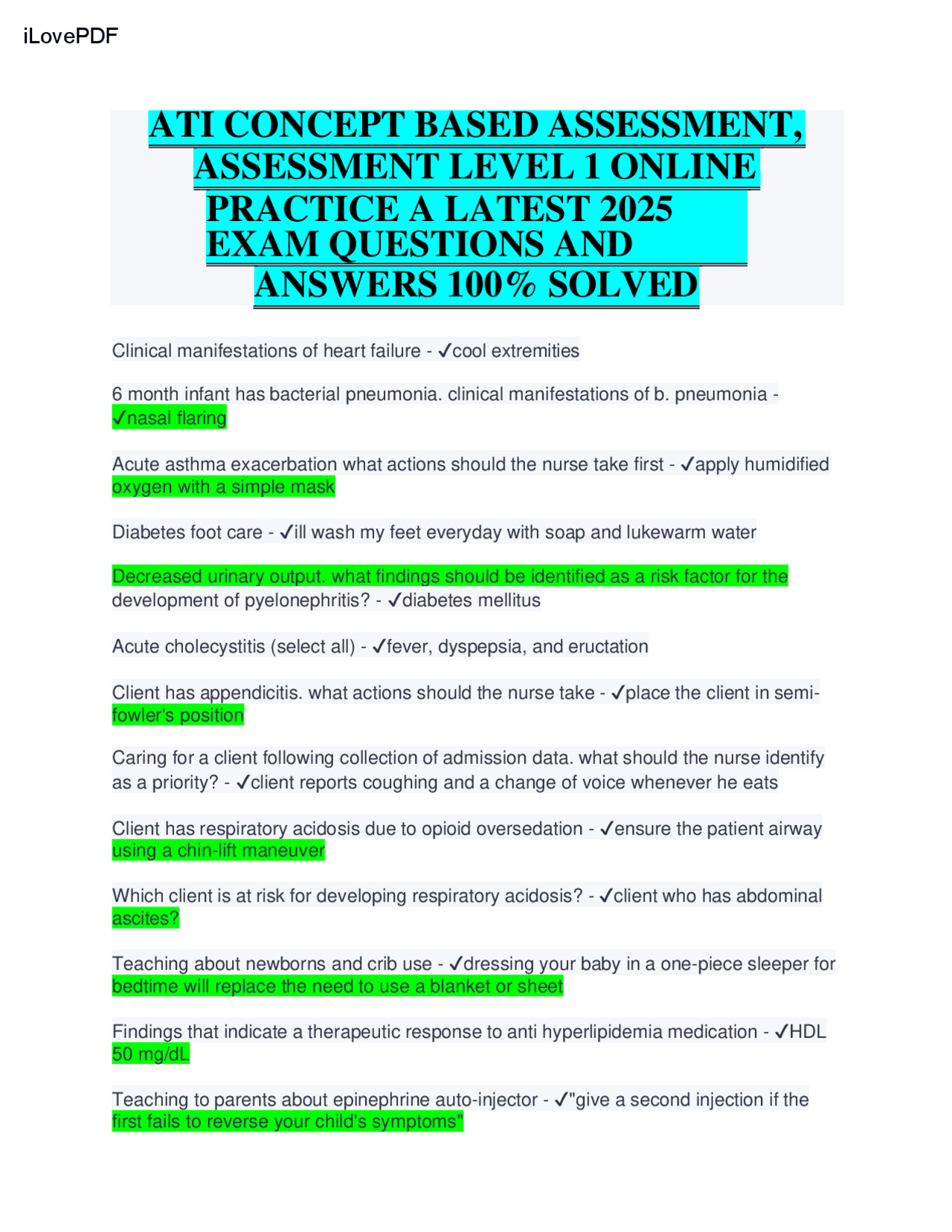 ATI CONCEPT BASED ASSESSMENT, ASSESSMENT LEVEL 1 ONLINE PRACTICE A ...