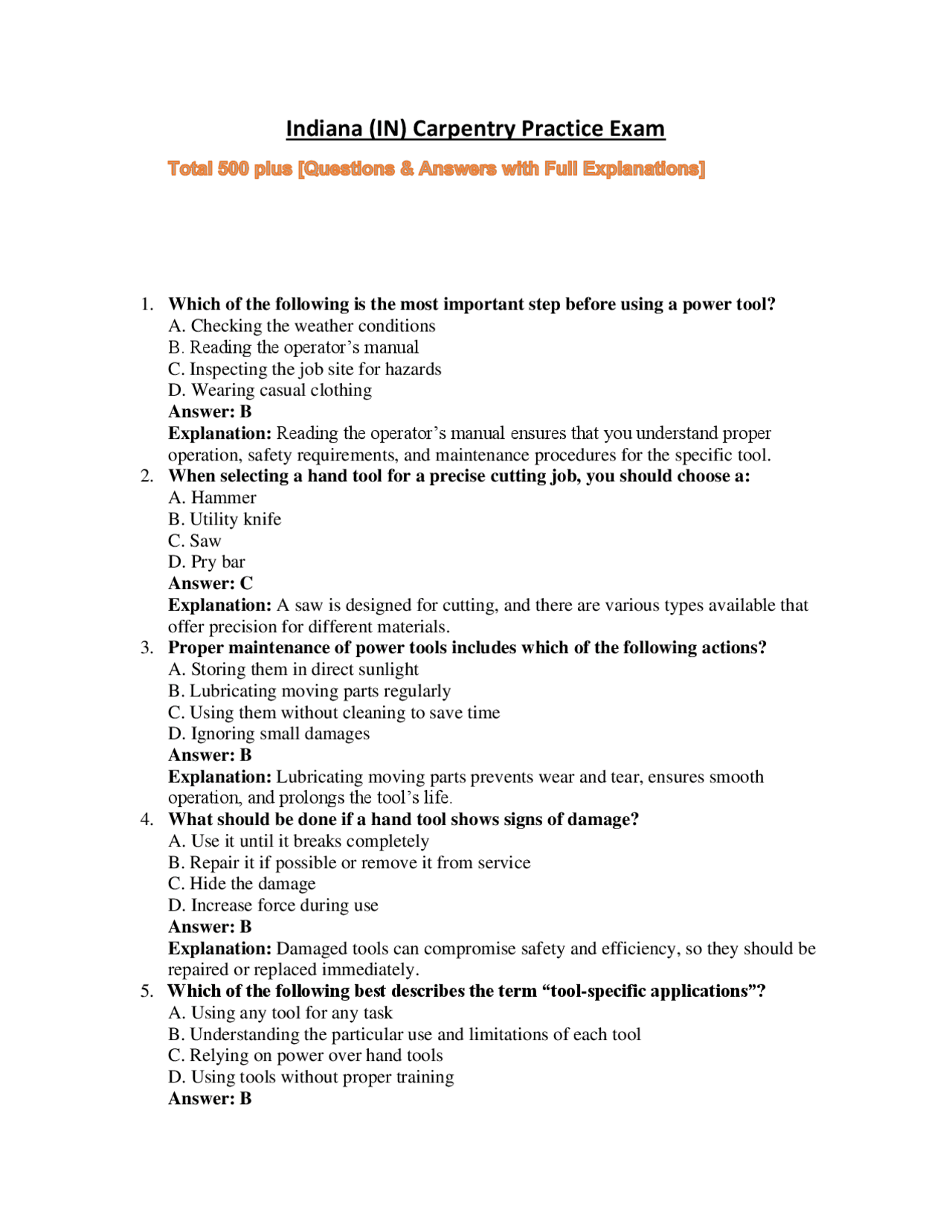 Indiana (IN) Carpentry Practice Exam | Exams Technology | Docsity