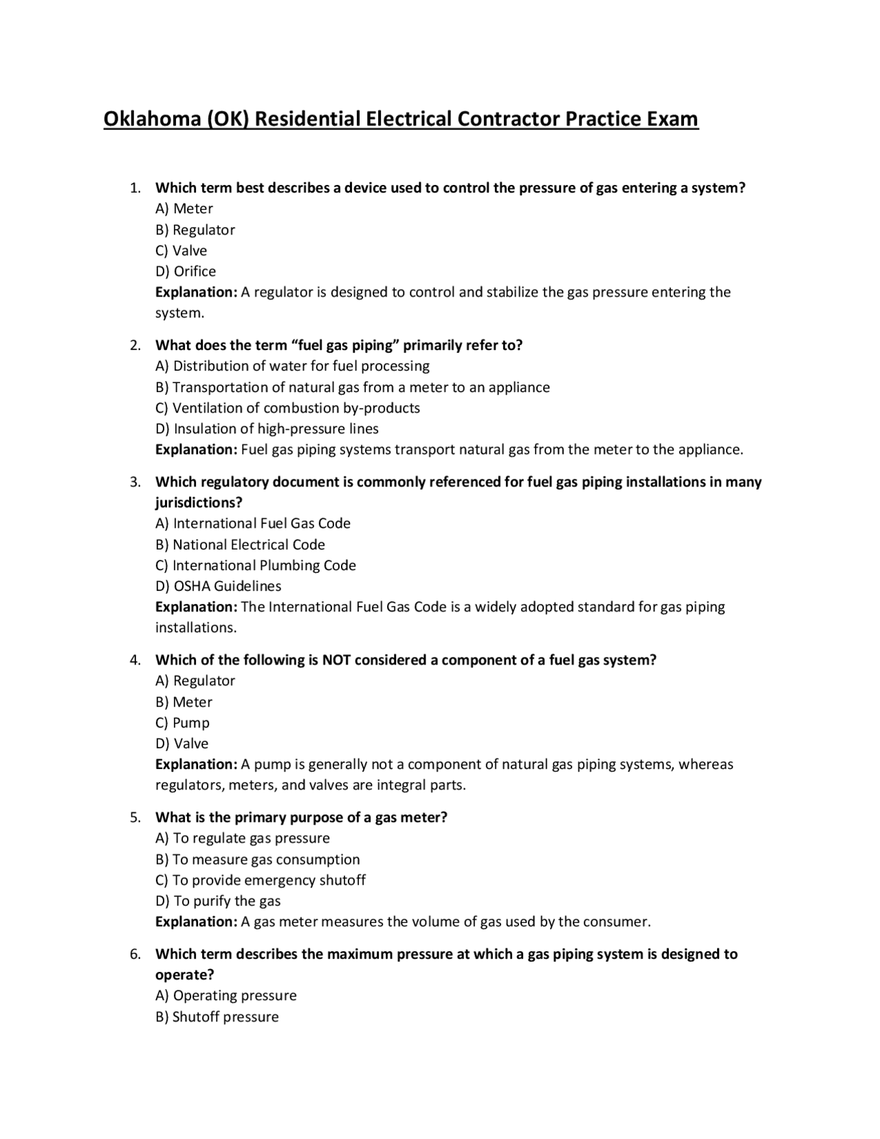 Oklahoma (OK) Residential Electrical Contractor Practice Exam | Exams ...