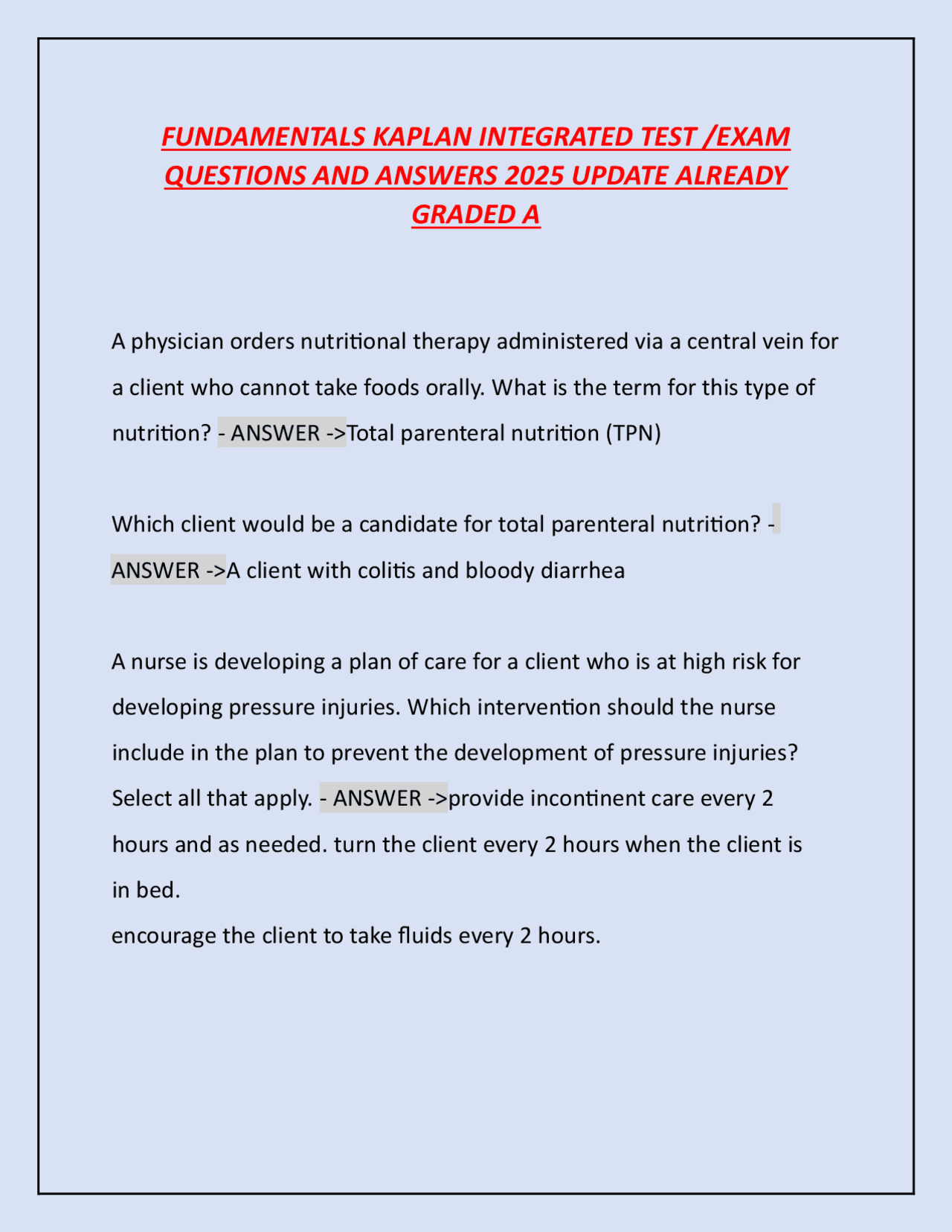 FUNDAMENTALS KAPLAN INTEGRATED TEST /EXAM QUESTIONS AND ANSWERS 2025 ...