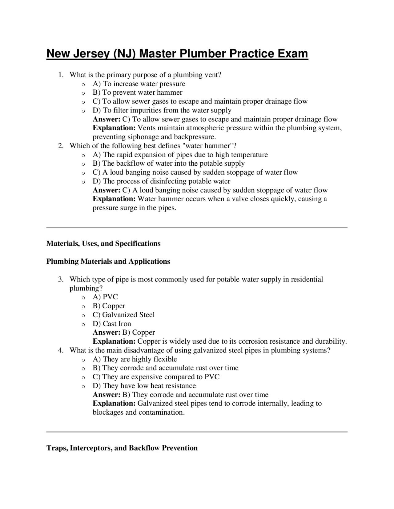 New Jersey (NJ) Master Plumber Practice Exam | Exams Technology | Docsity