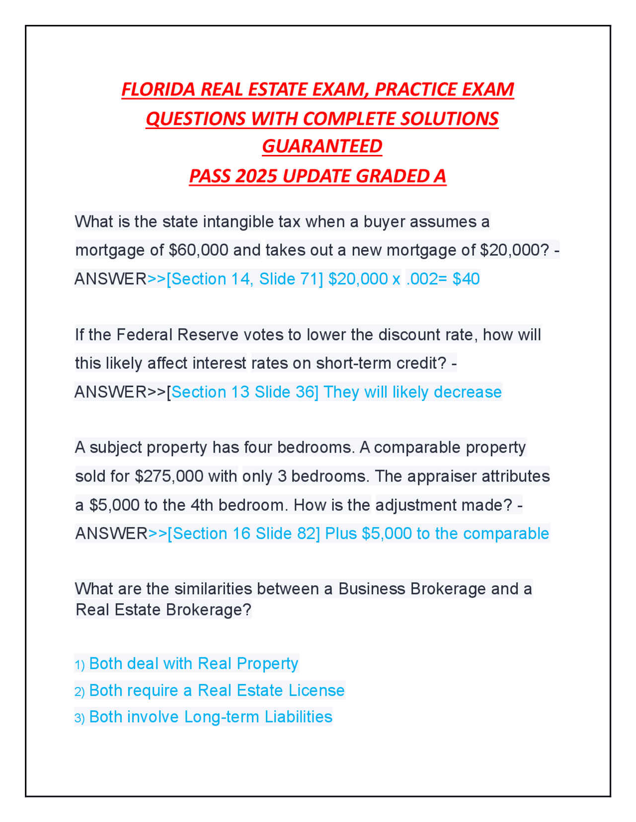 FLORIDA REAL ESTATE EXAM, PRACTICE EXAM QUESTIONS WITH COMPLETE ...