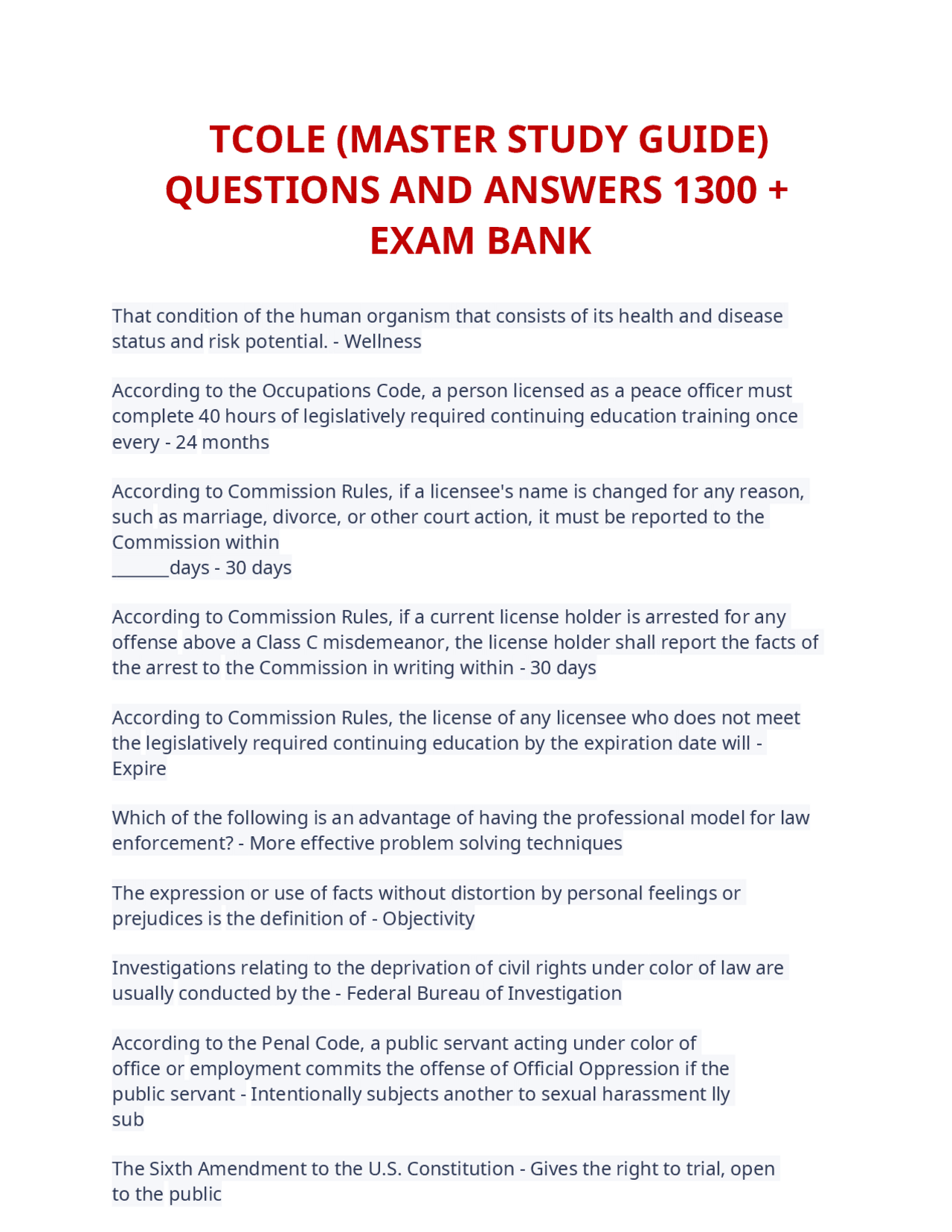 Texas Commission on Law Enforcement (TCOLE) Master Study Guide ...