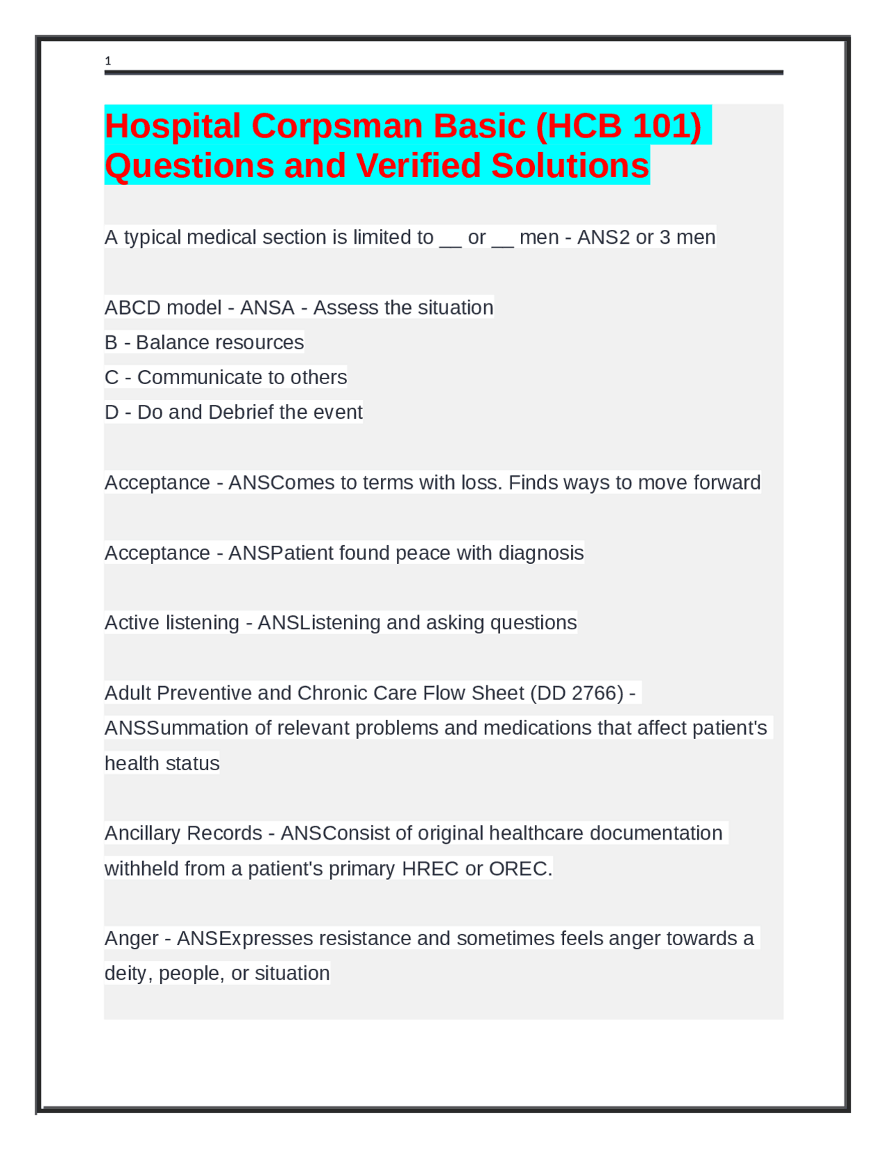 Hospital Corpsman Basic (HCB 101) Questions and Verified Solutions ...