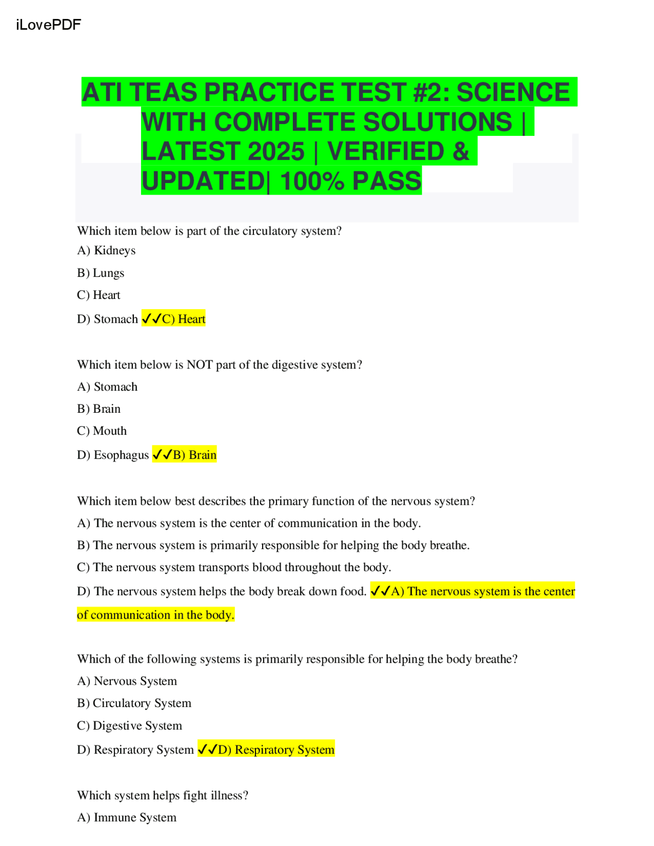 ATI TEAS PRACTICE TEST #2: SCIENCE WITH COMPLETE SOLUTIONS | LATEST ...