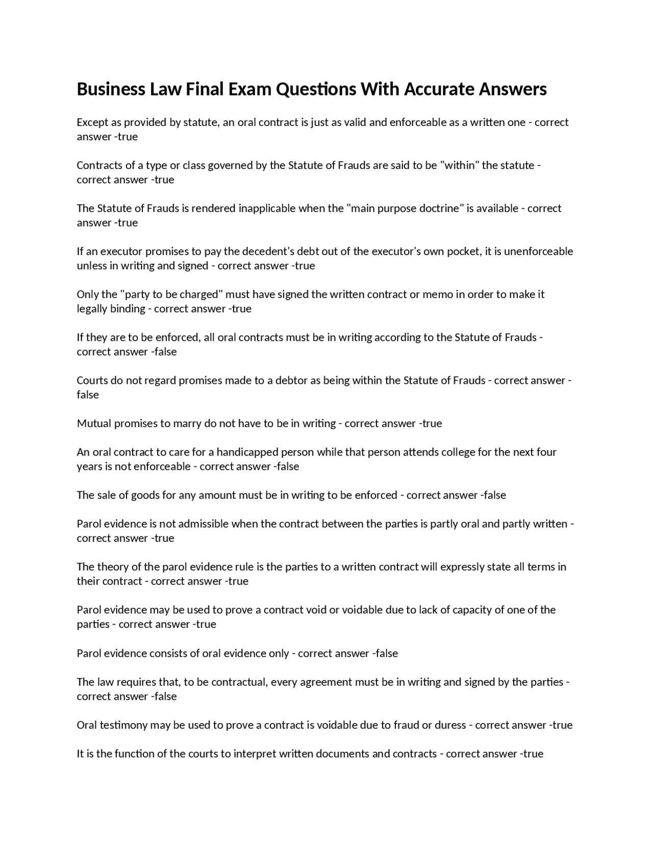 Business Law Final Exam Questions With Accurate Answers | Exams ...