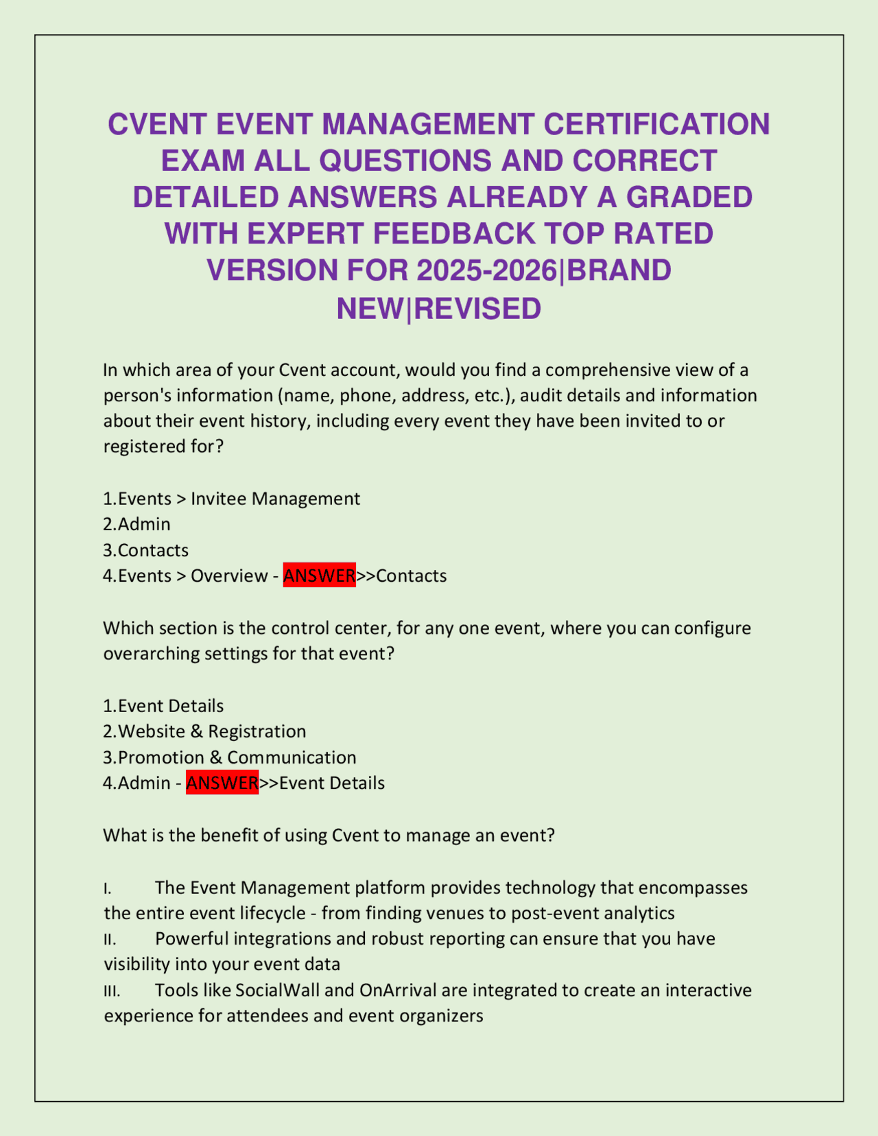 CVENT EVENT MANAGEMENT CERTIFICATION EXAM ALL QUESTIONS AND CORRECT DETAILED ANSWERS ALREA ...