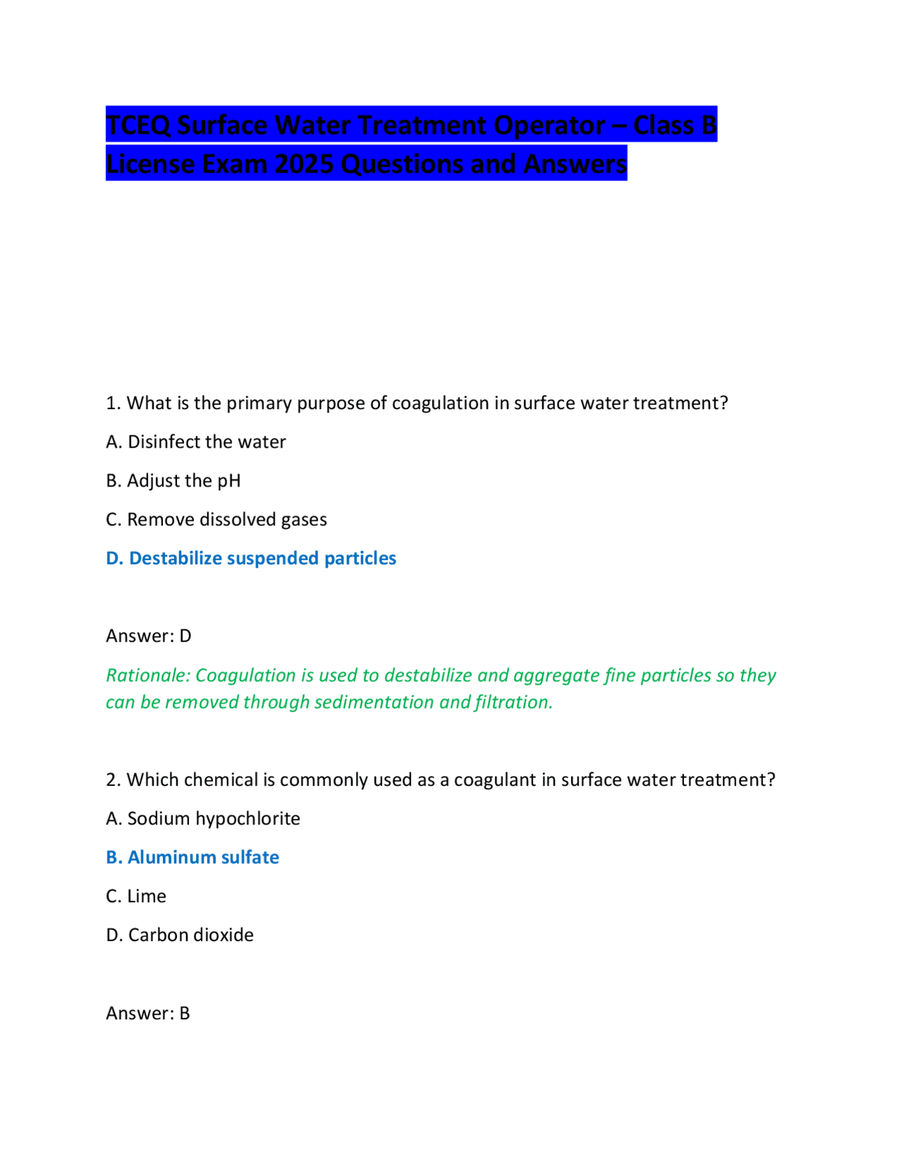 TCEQ Surface Water Treatment Operator – Class B License Exam 2025 ...