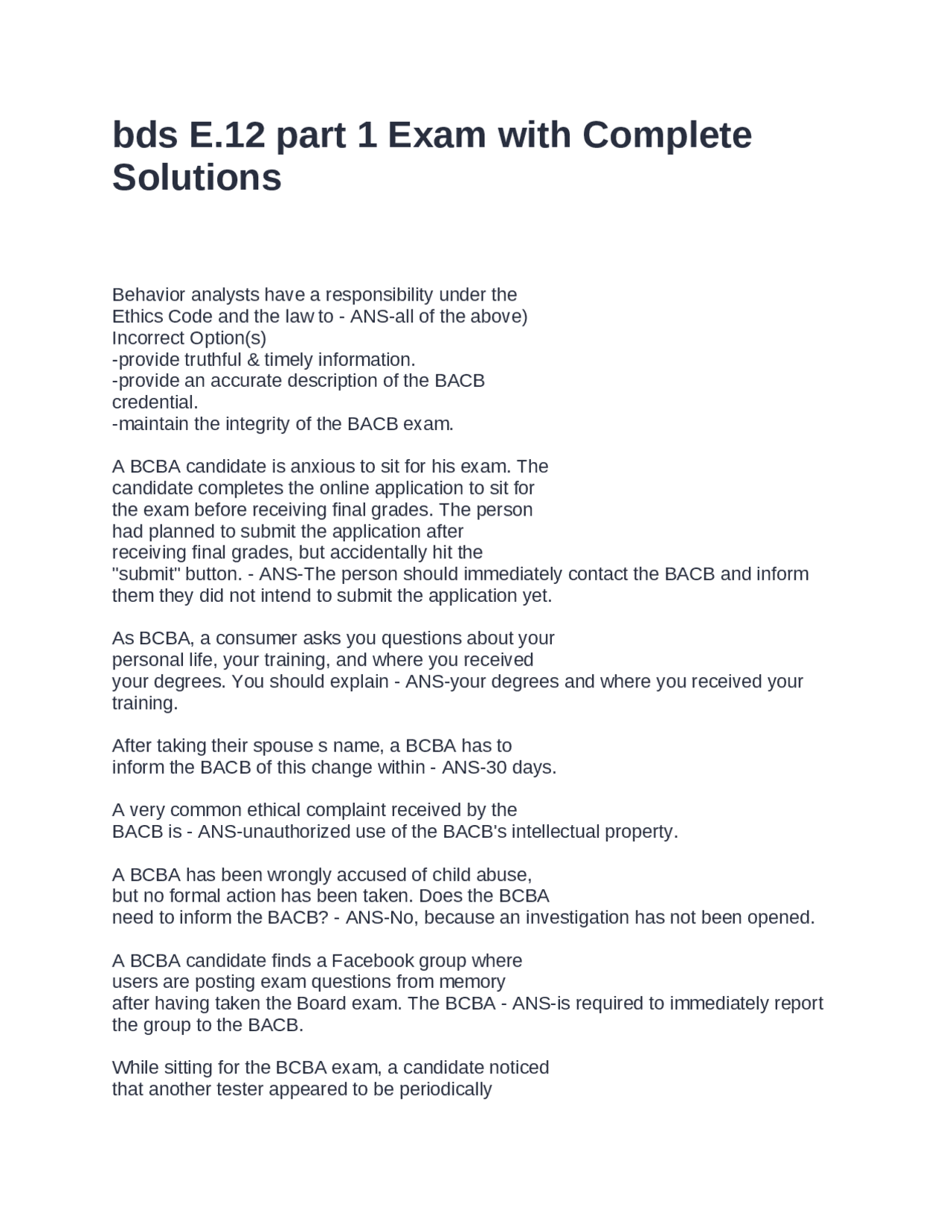 bds E.12 part 1 Exam with Complete Solutions | Exams Advanced Education | Docsity