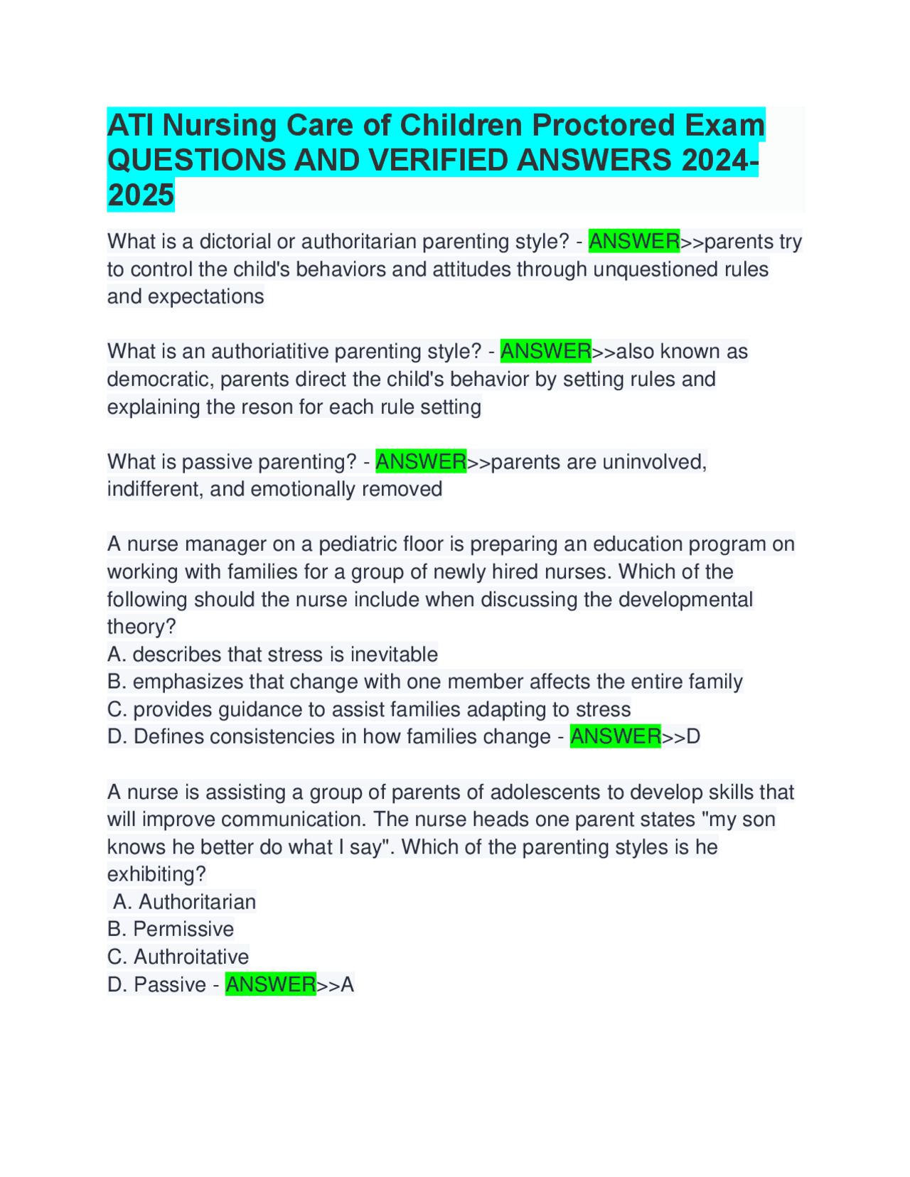 ATI Nursing Care of Children Proctored Exam QUESTIONS AND VERIFIED ANSWERS 2024 2025 | Exams ...