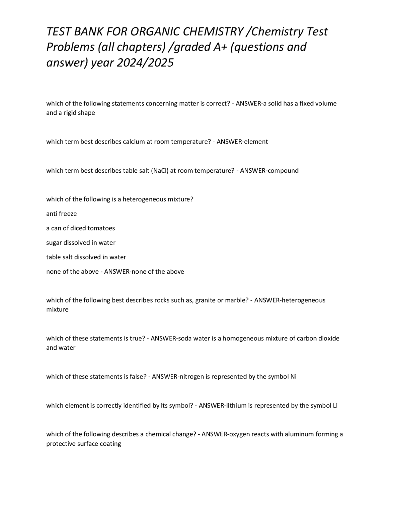 TEST BANK FOR ORGANIC CHEMISTRY /Chemistry Test Problems (all chapters ...