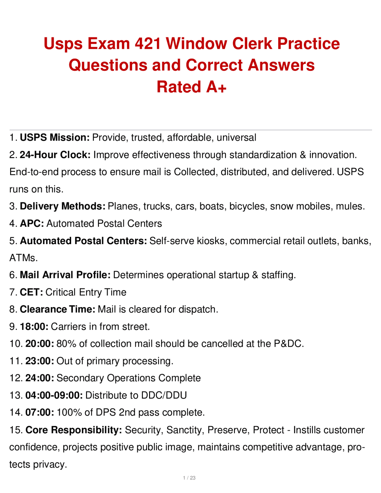 Usps Exam 421 Window Clerk Practice Questions and Correct Answers best ...