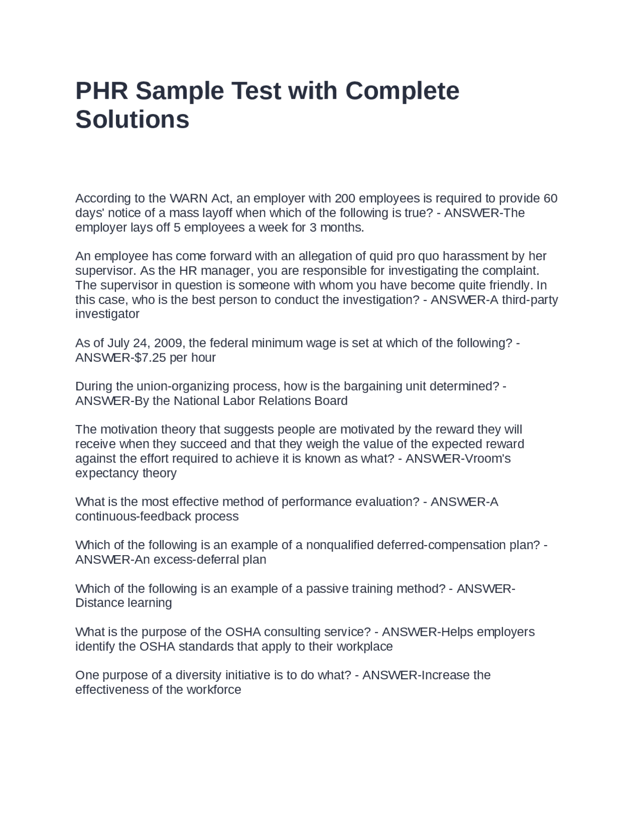 PHR Sample Test with Complete Solutions | Exams Advanced Education ...