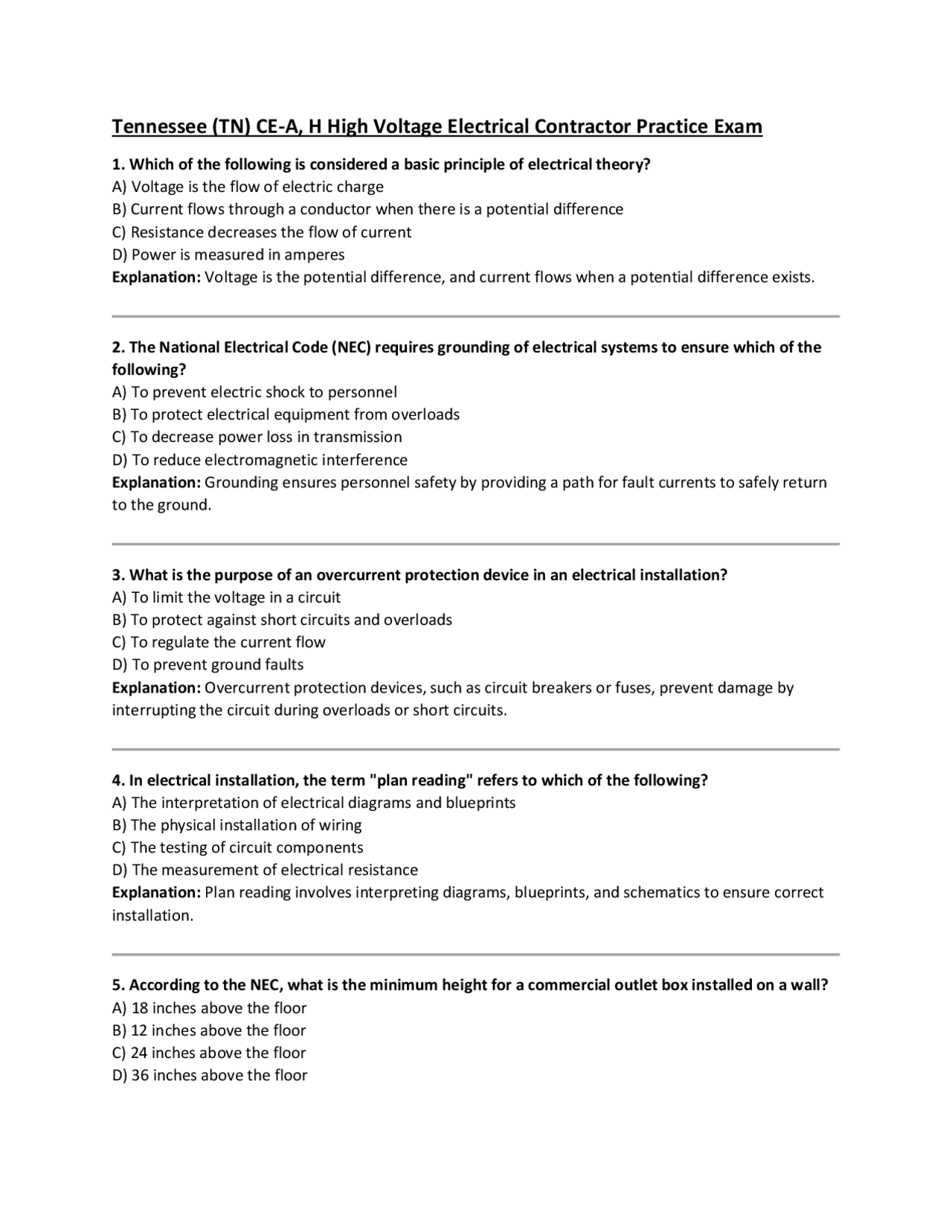 Tennessee (TN) CE-A, H High Voltage Electrical Contractor Practice Exam ...