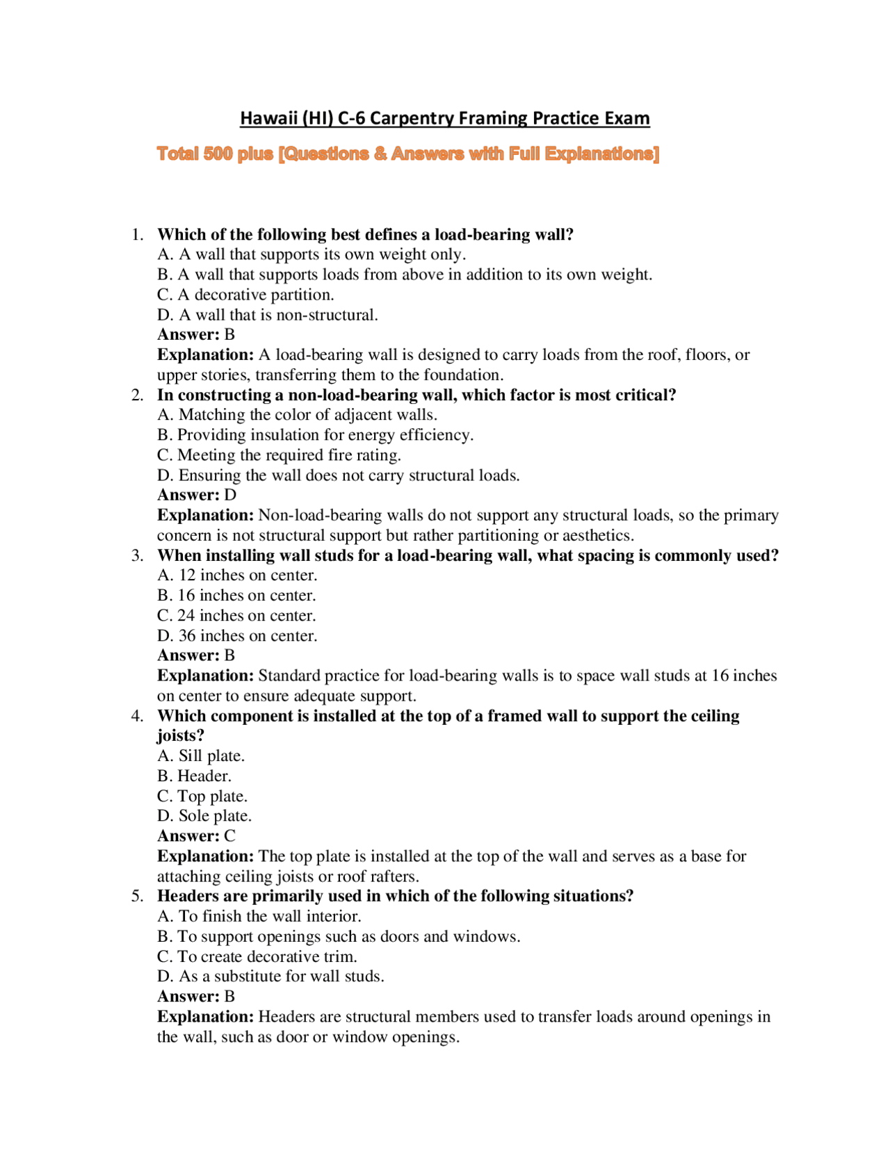 Hawaii (HI) C-6 Carpentry Framing Practice Exam: Questions and Answers ...