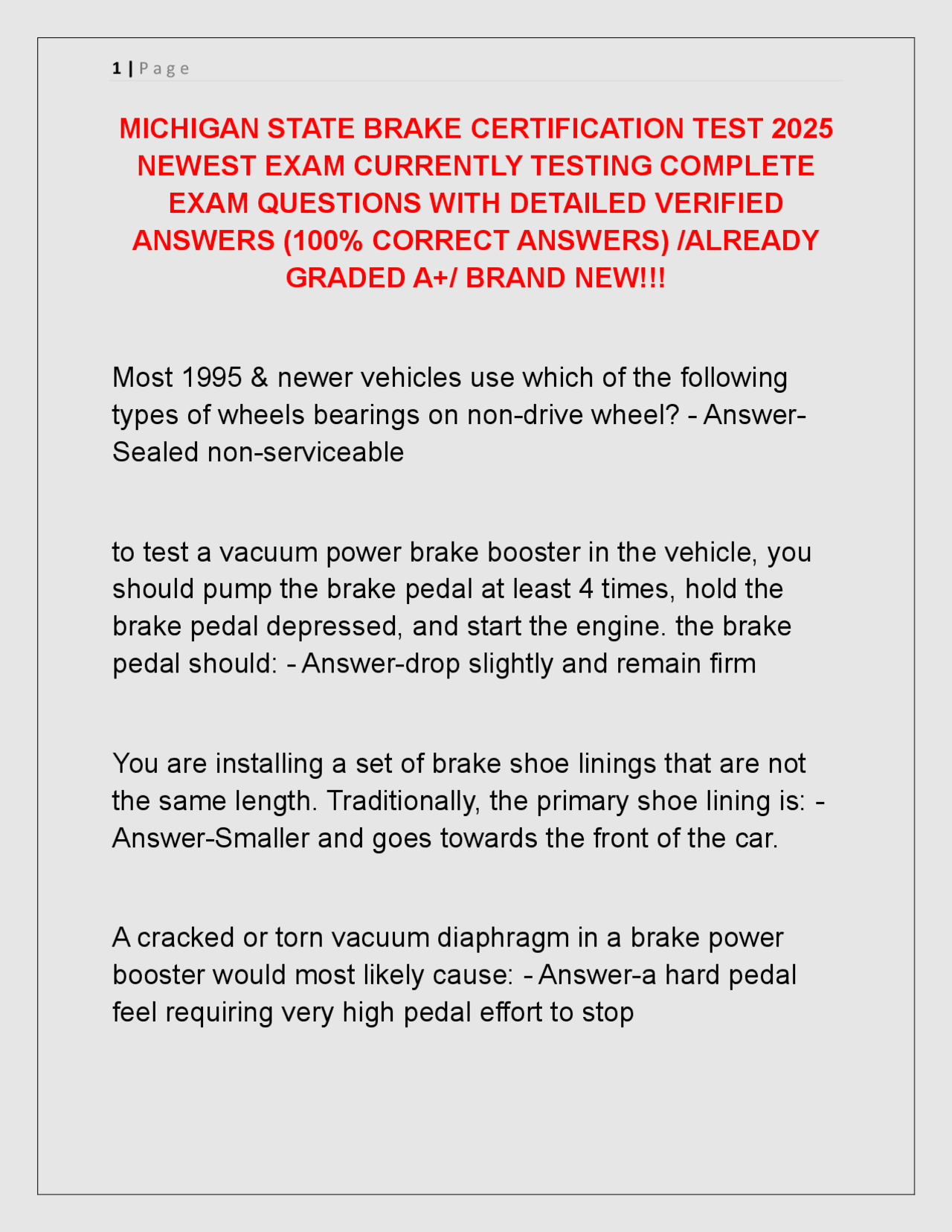 MICHIGAN STATE BRAKE CERTIFICATION TEST 2025 NEWEST EXAM CURRENTLY ...