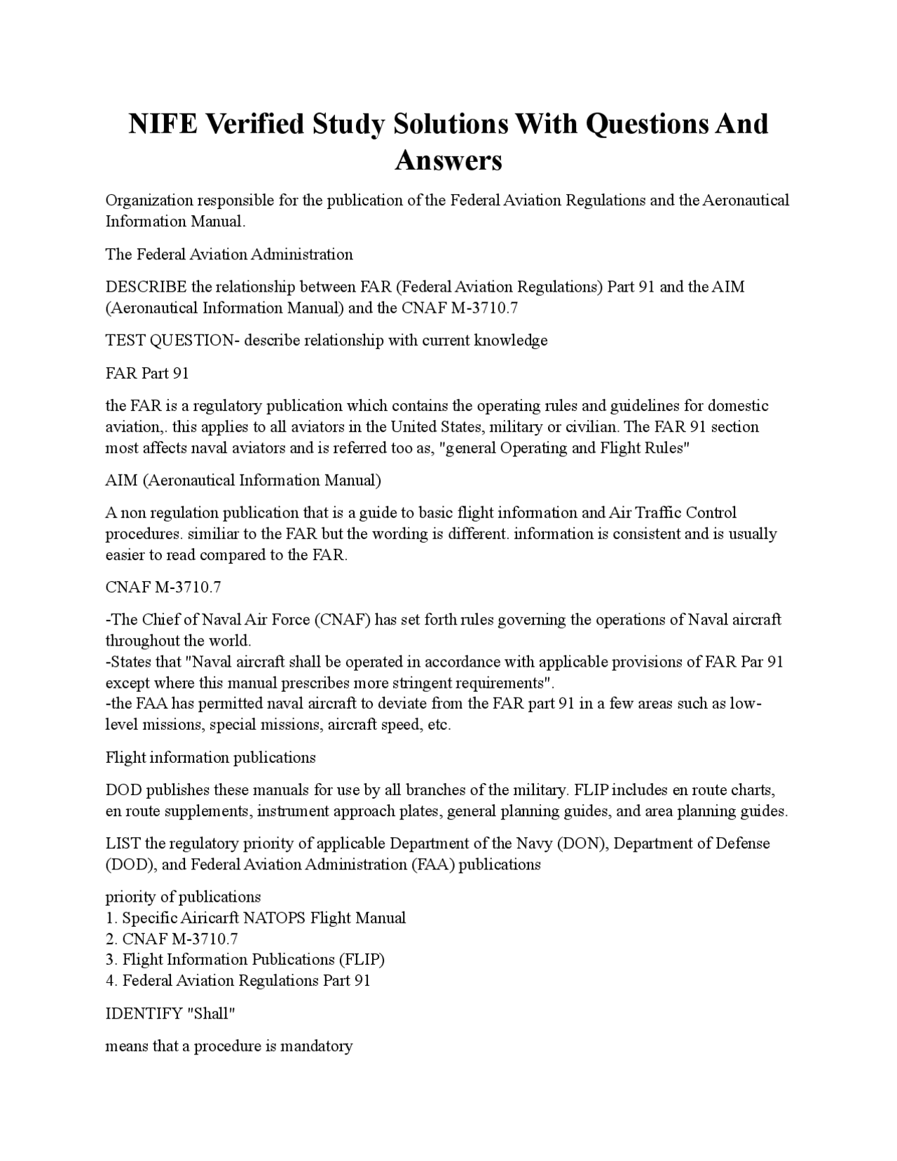 NIFE Verified Study Solutions With Questions And Answers | Exams ...