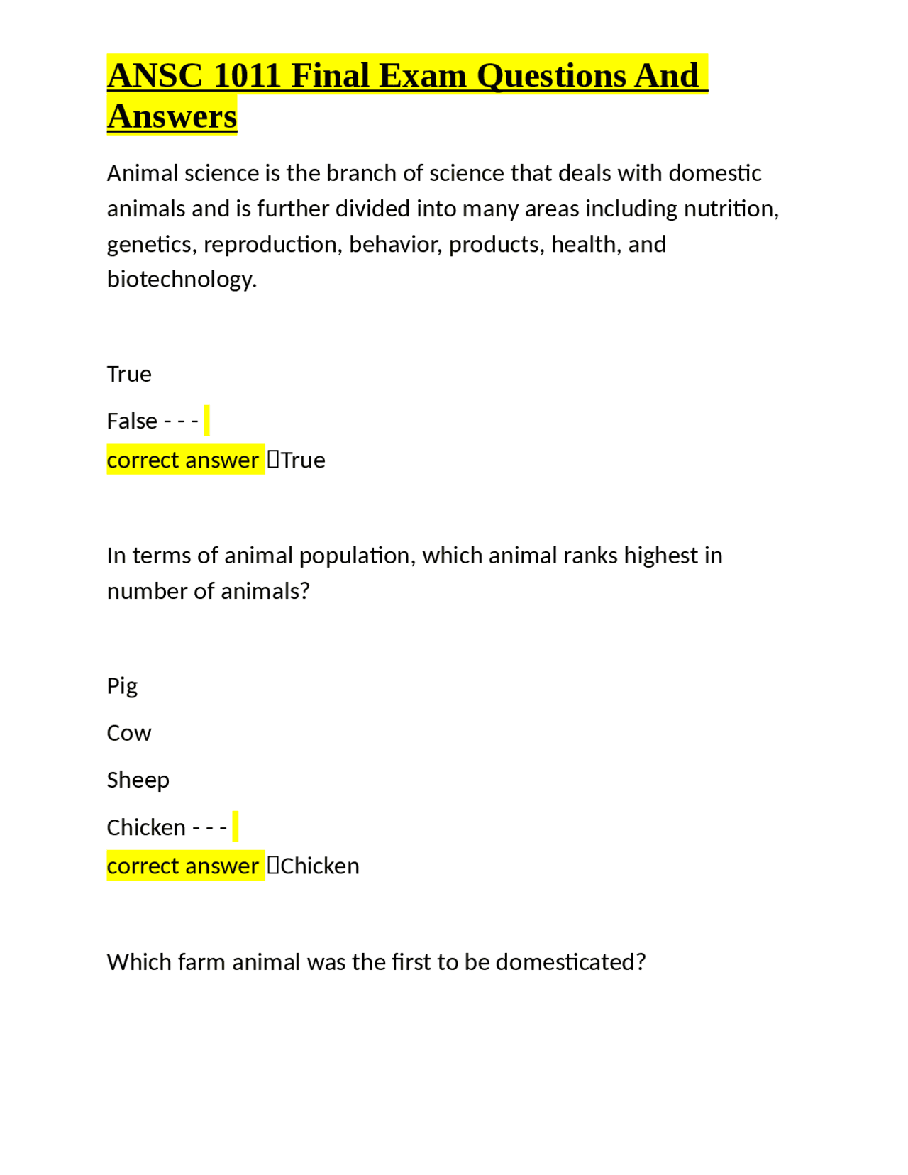 ANSC 1011 Final Exam Questions And Answers | Exams Animal Anatomy and ...