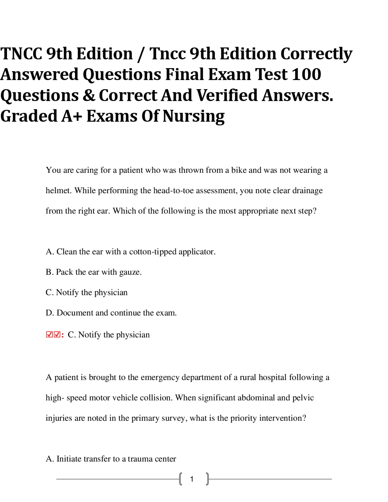 TNCC 9th Edition / Tncc 9th Edition Correctly Answered Questions Final ...