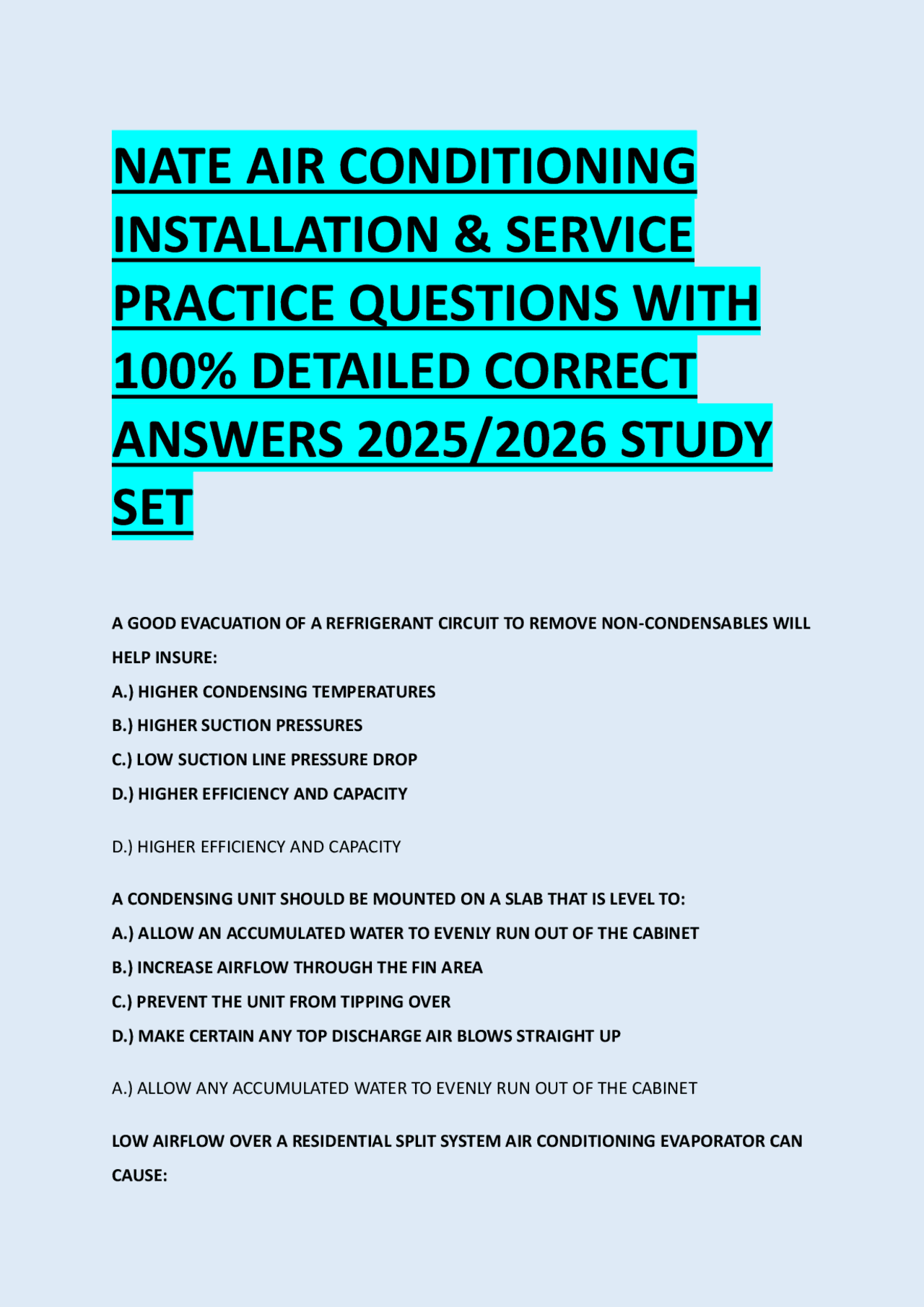 NATE AIR CONDITIONING INSTALLATION & SERVICE PRACTICE QUESTIONS WITH ...