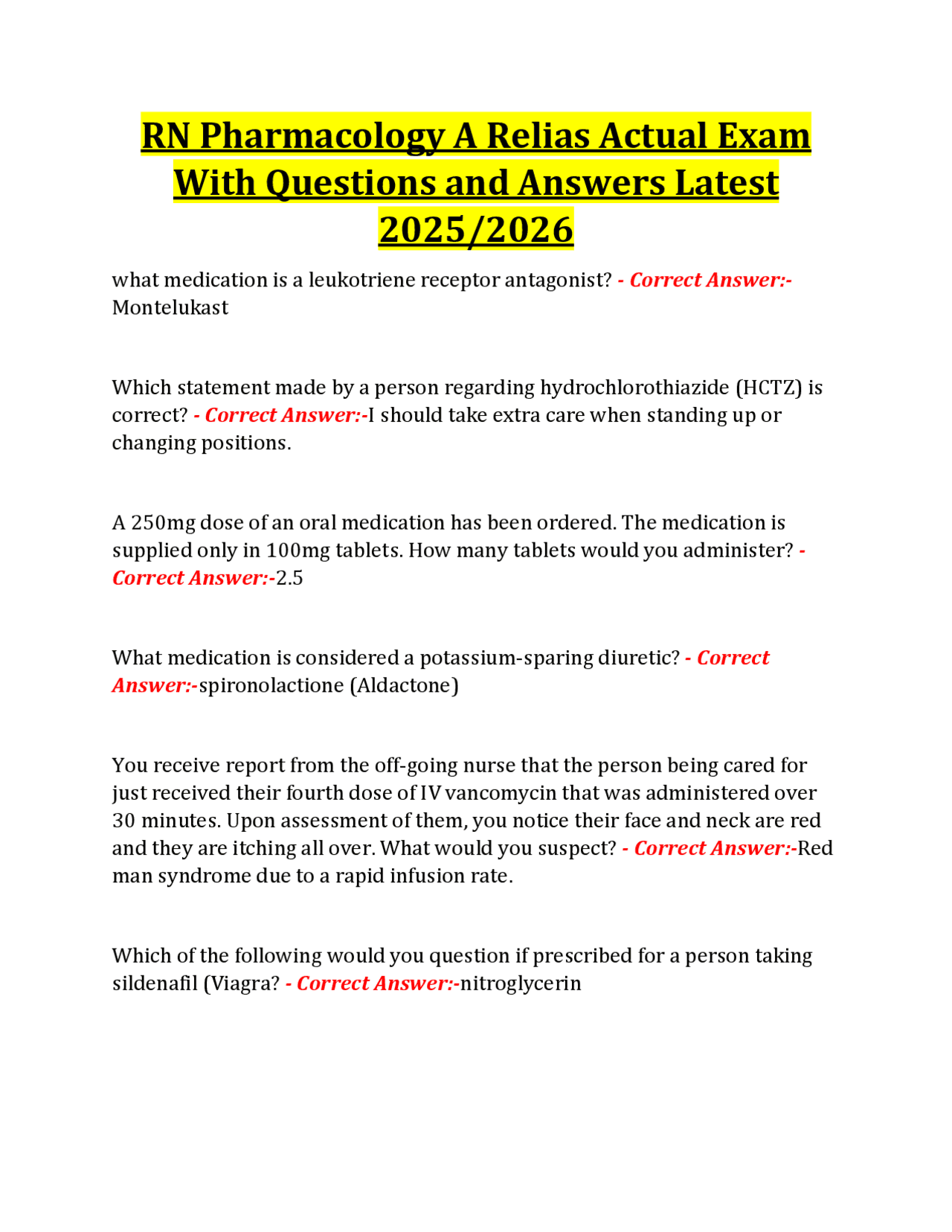RN Pharmacology A Relias Actual Exam With Questions and Answers Latest ...