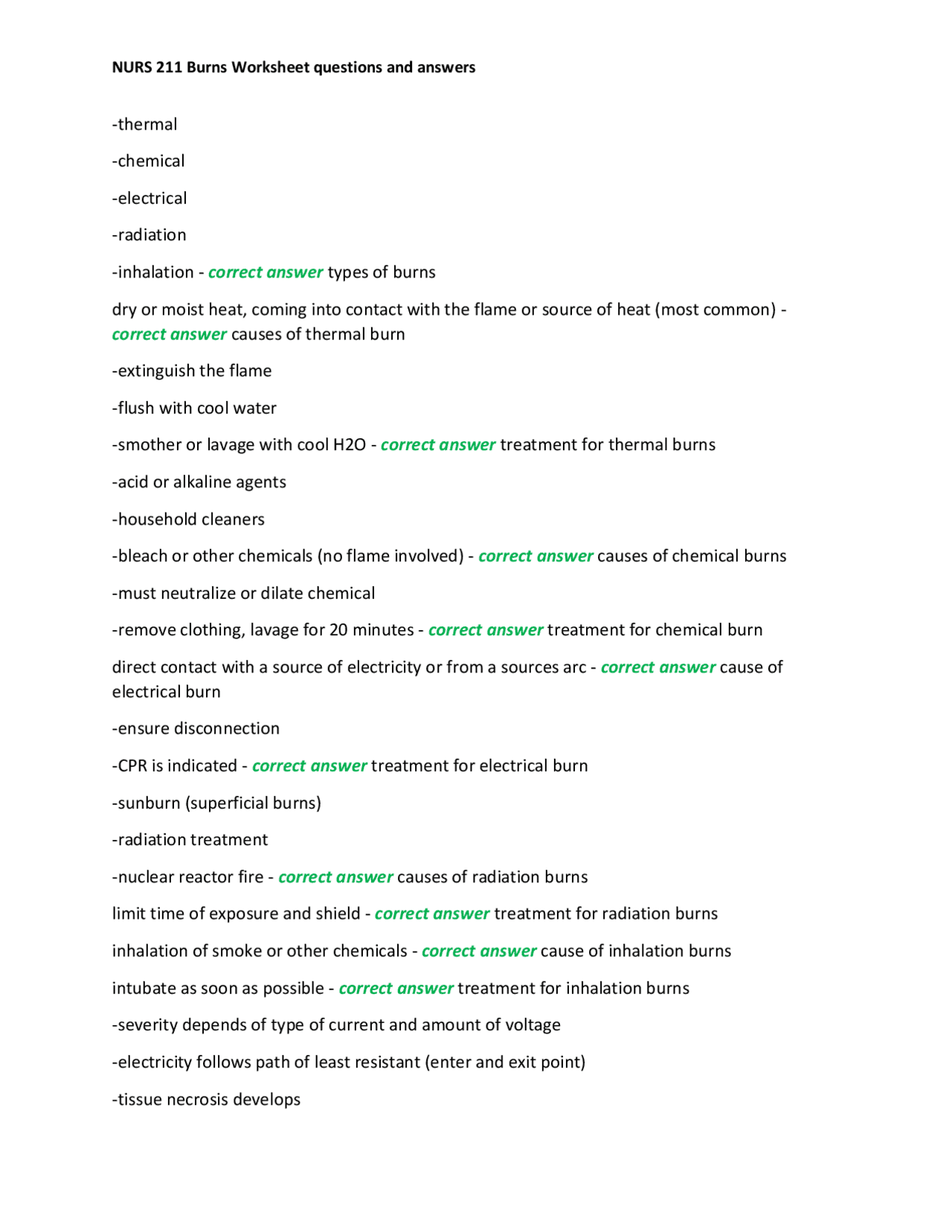 NURS 211 Burns Worksheet questions and answers | Exams Nursing | Docsity
