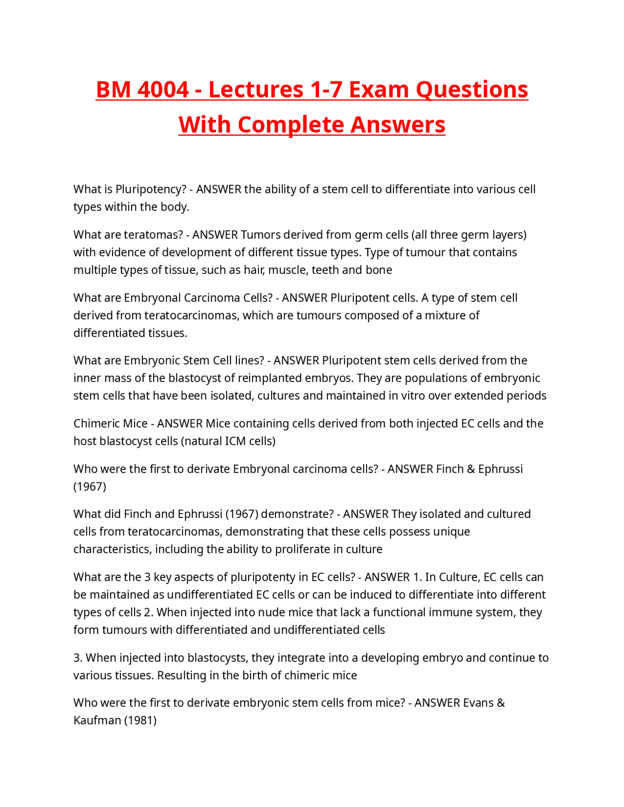 BM 4004 Exam Questions: Mouse Pluripotency and Genetic Modification ...
