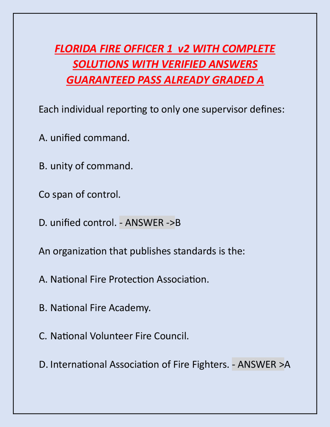 FLORIDA FIRE OFFICER 1 v2 WITH COMPLETE SOLUTIONS WITH VERIFIED ANSWERS ...
