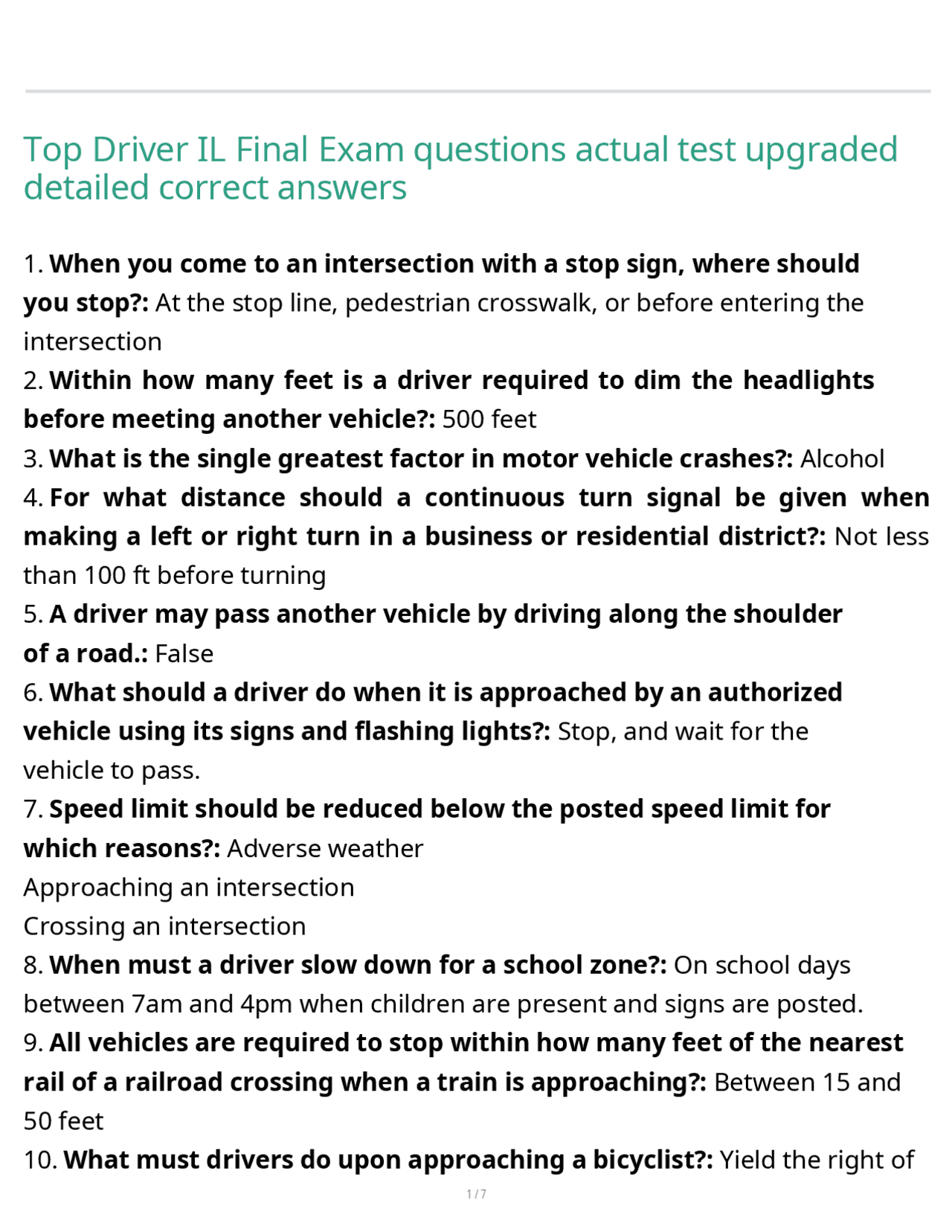Top Driver IL Final Exam questions actual test upgraded detailed ...