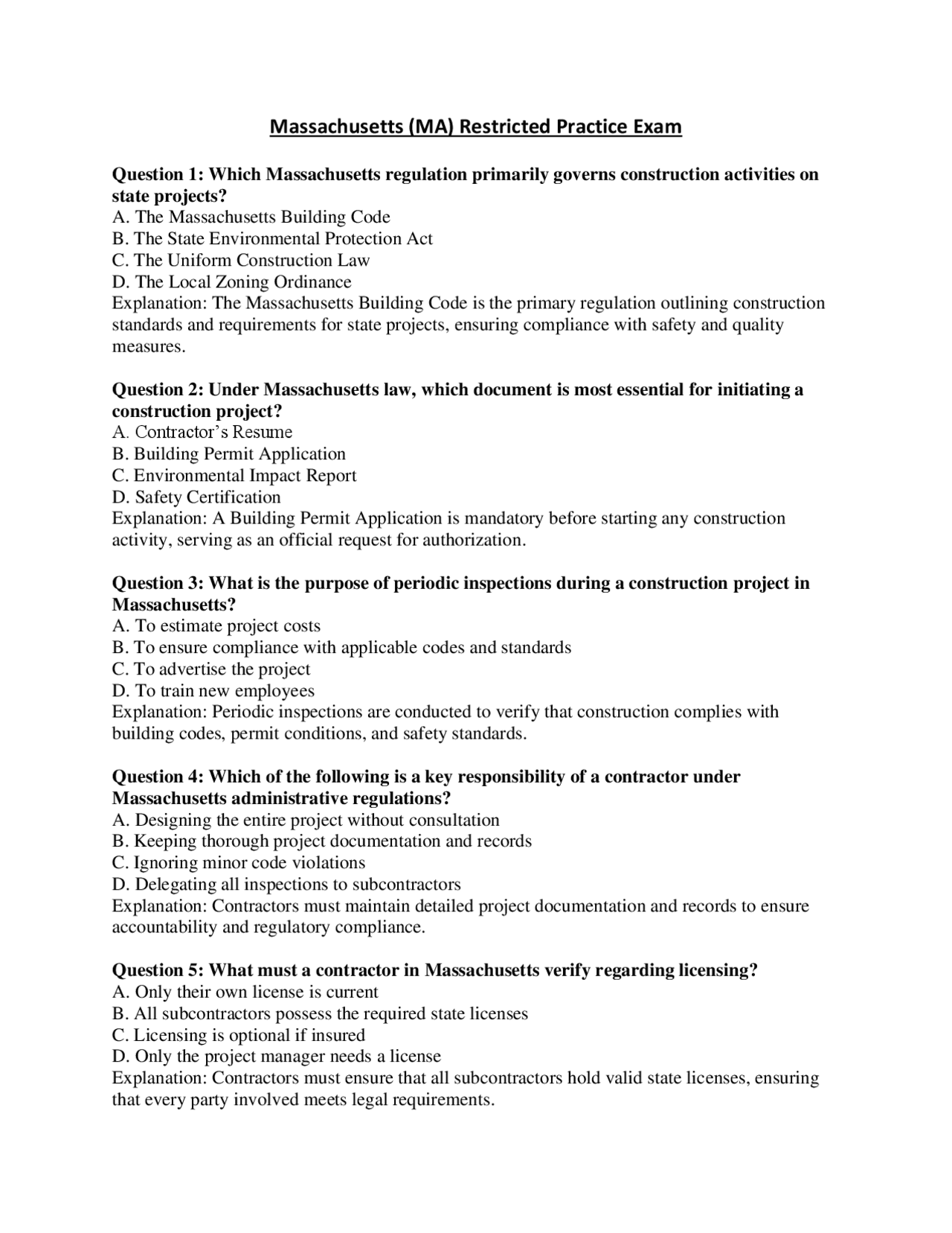 Massachusetts (MA) Restricted Practice Exam | Exams Technology | Docsity