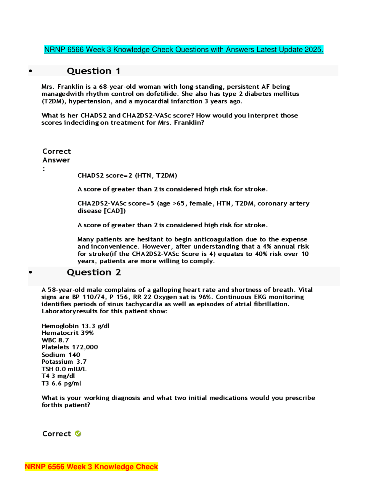 NRNP 6566 Week 3 Knowledge Check: Cardiology Case Studies and EKG ...