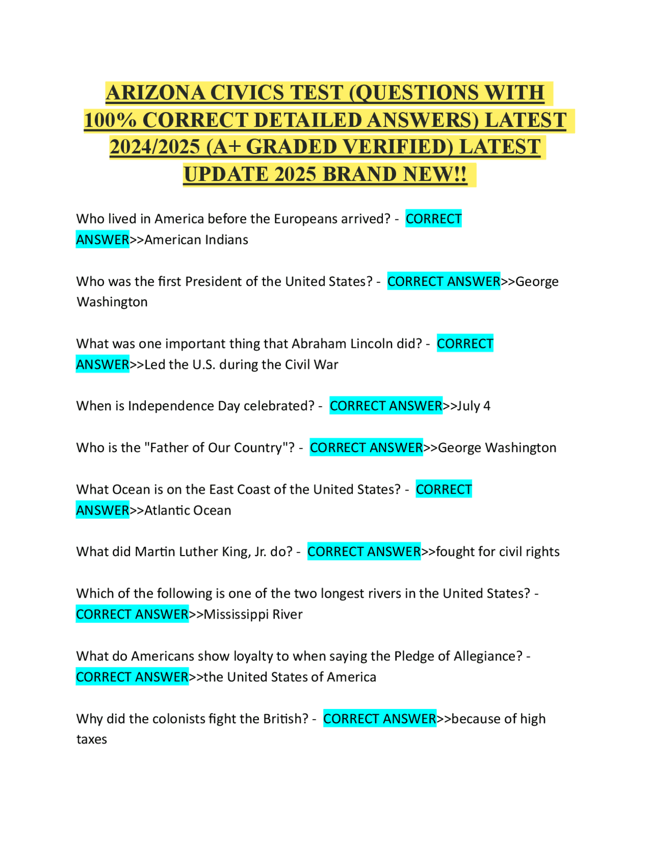 ARIZONA CIVICS TEST (QUESTIONS WITH 100% CORRECT DETAILED ANSWERS ...