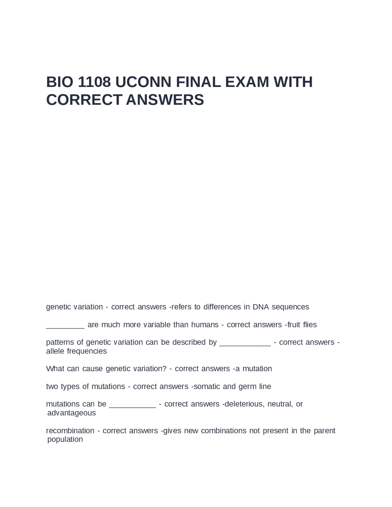 BIO 1108 UCONN FINAL EXAM WITH CORRECT ANSWERS | Exams Advanced ...