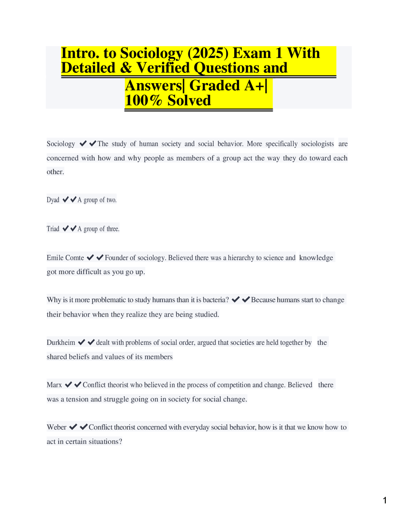 Intro. to Sociology (2025) Exam 1 With Detailed & Verified Questions ...