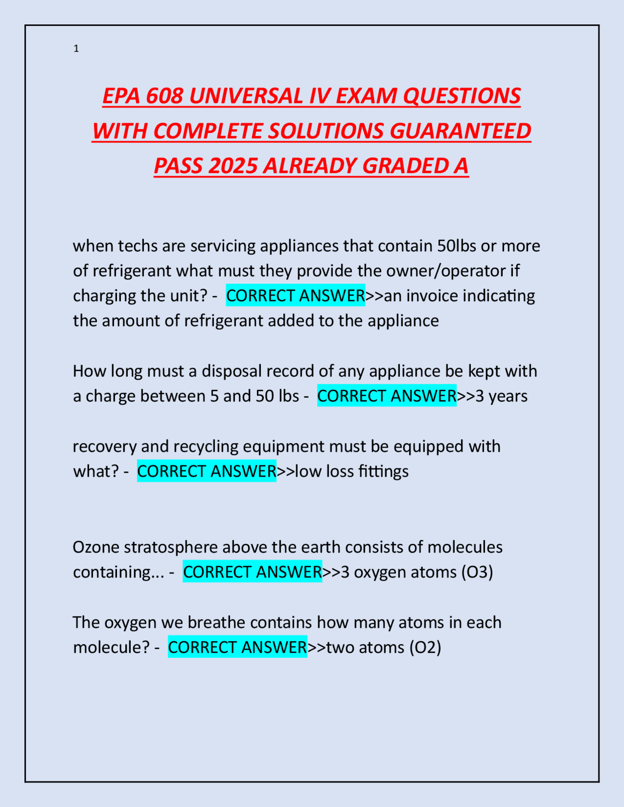 EPA 608 UNIVERSAL IV EXAM QUESTIONS WITH COMPLETE SOLUTIONS GUARANTEED ...