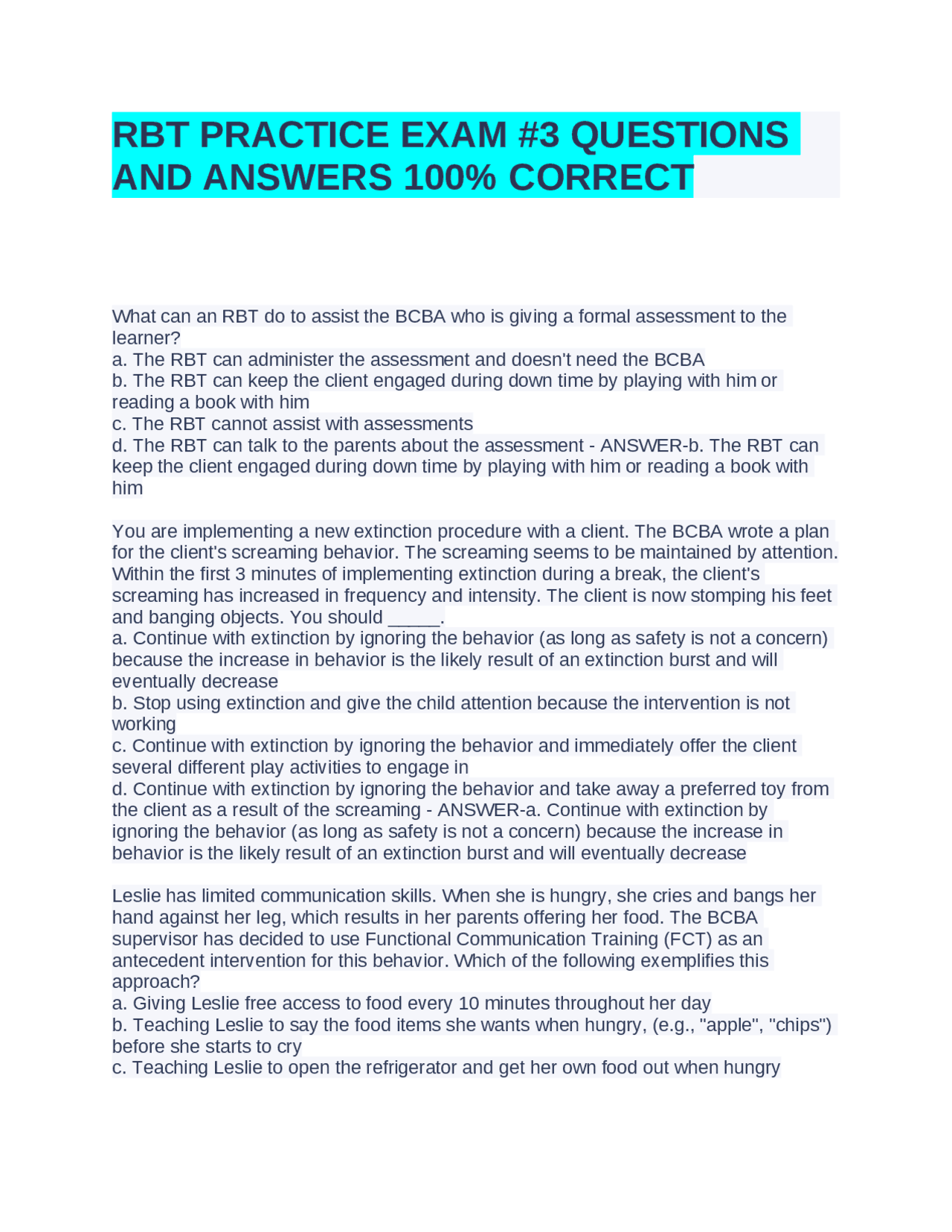 RBT Practice Exam Questions and Answers | Exams Health sciences | Docsity