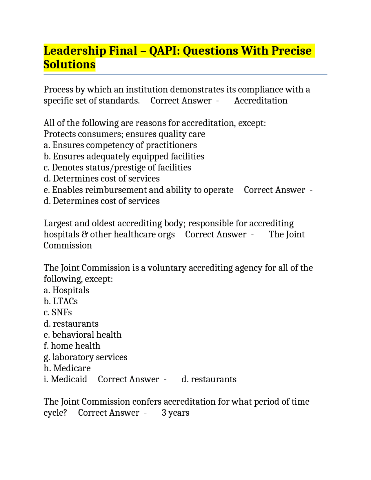 Leadership Final – QAPI: Questions With Precise Solutions | Exams ...