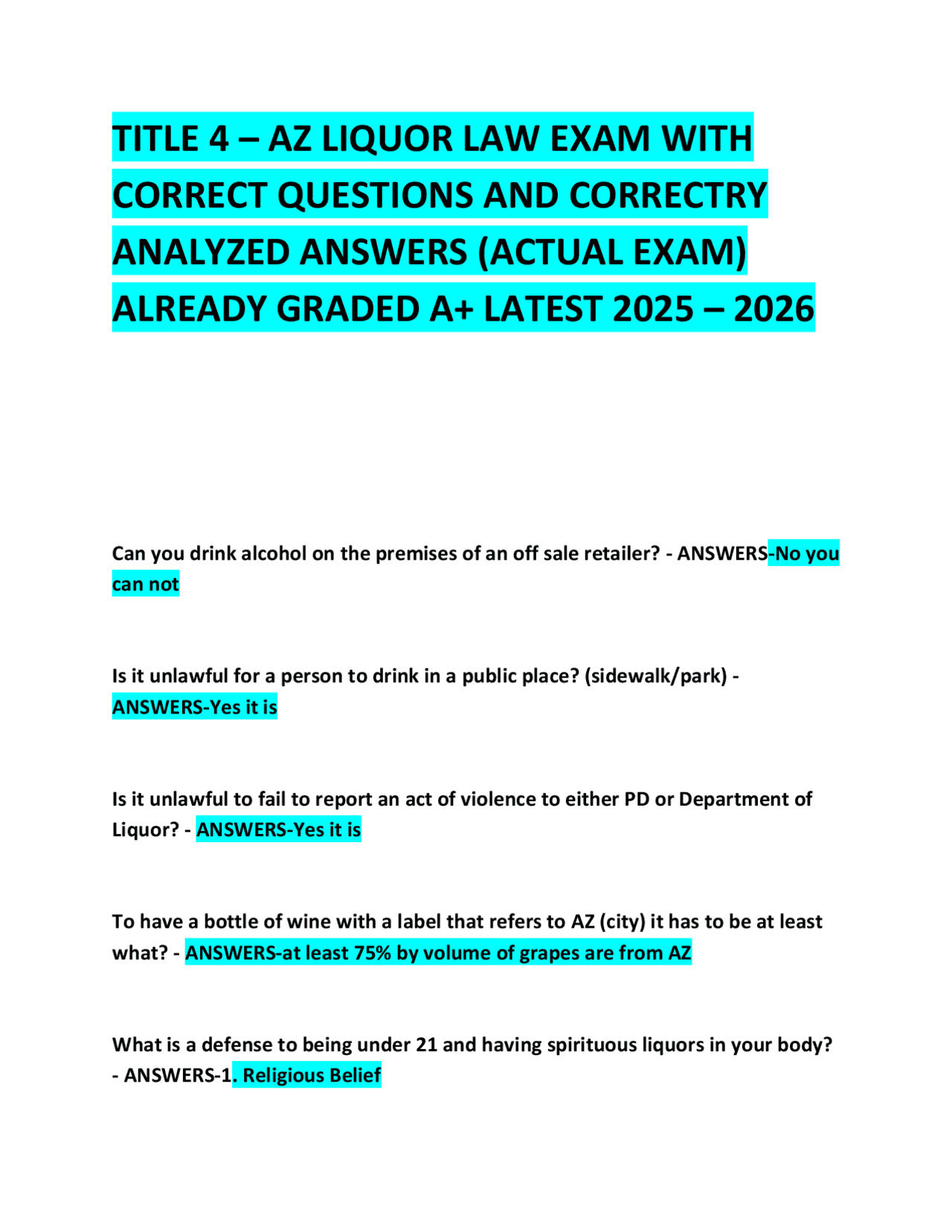 TITLE 4 – AZ LIQUOR LAW EXAM WITH CORRECT QUESTIONS AND CORRECTRY ...