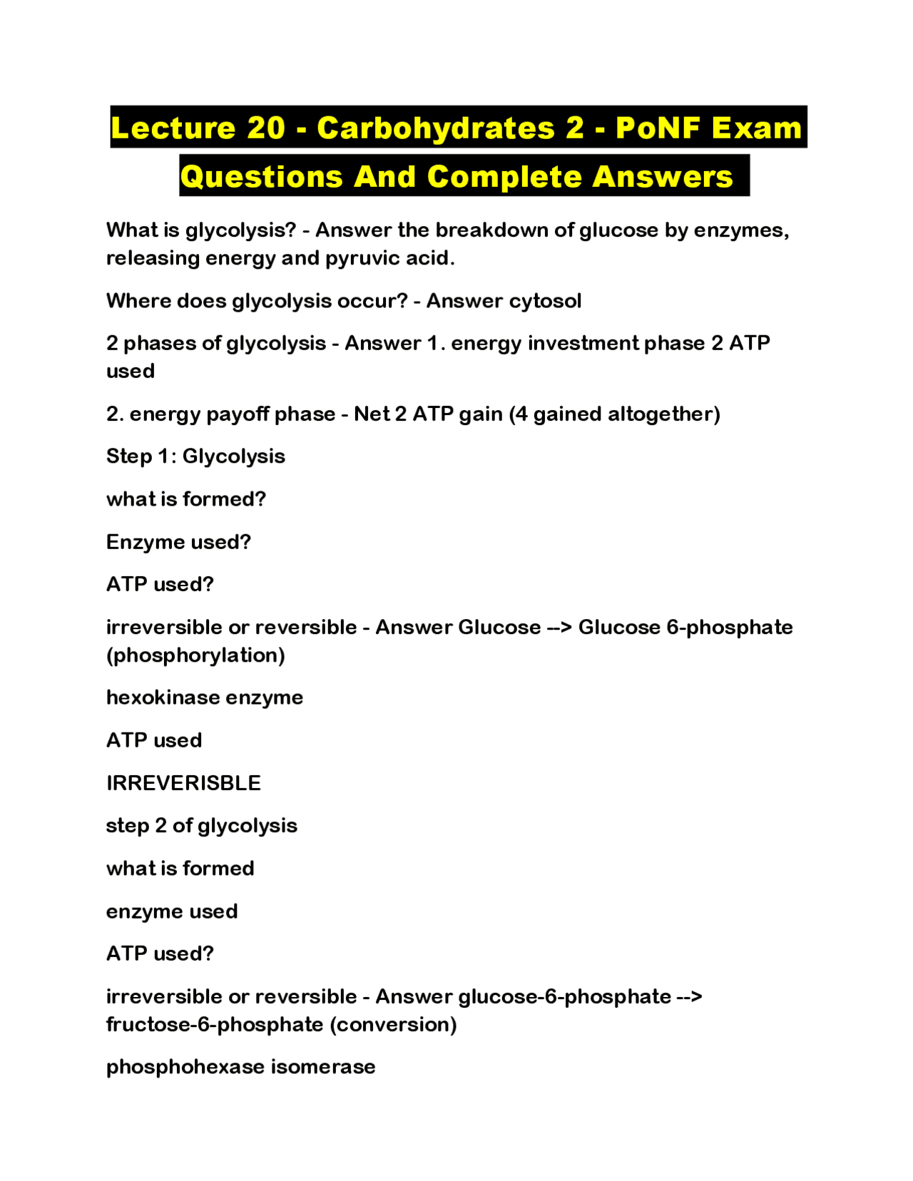 Lecture 20 - Carbohydrates 2 - PoNF Exam Questions And Complete Answers ...