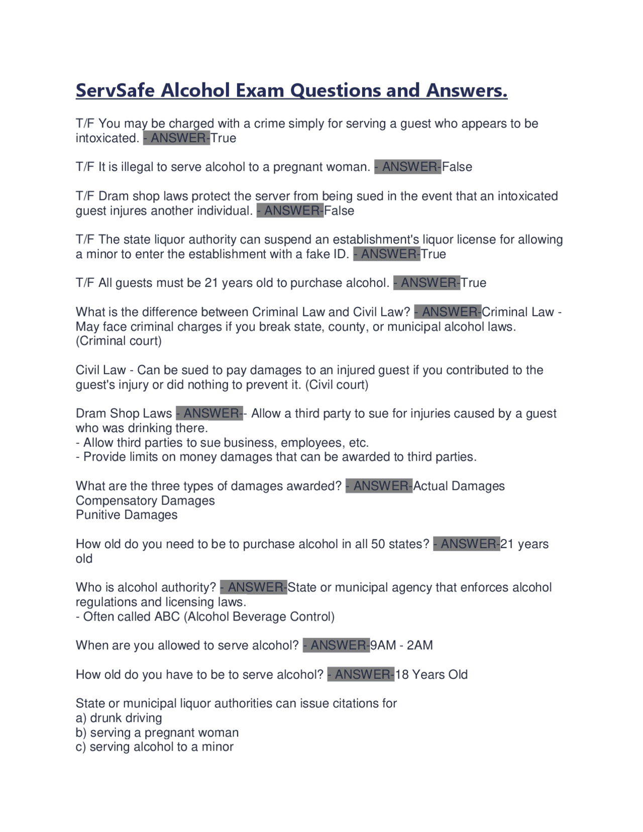 ServSafe Alcohol Exam: Questions and Answers for Responsible Alcohol ...