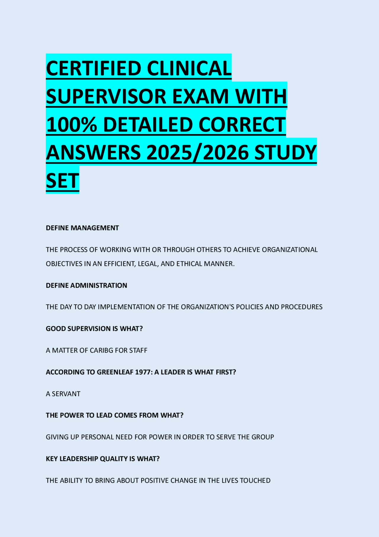 CERTIFIED CLINICAL SUPERVISOR EXAM WITH 100% DETAILED CORRECT ANSWERS ...