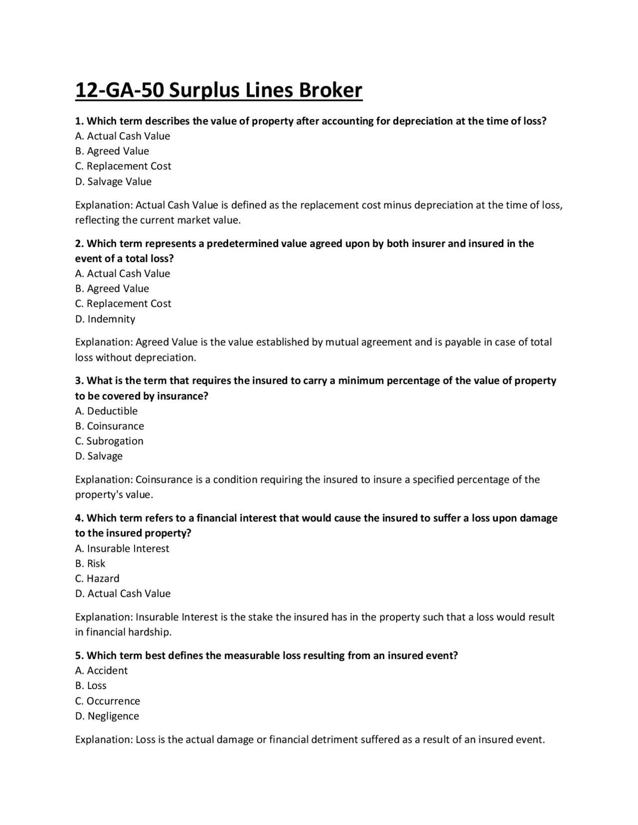 12-GA-50 Surplus Lines Broker | Exams Technology | Docsity