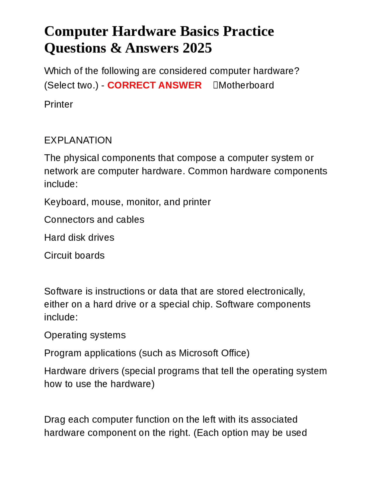 Computer Hardware Basics Practice Questions & Answers 2025 | Exams Nursing | Docsity