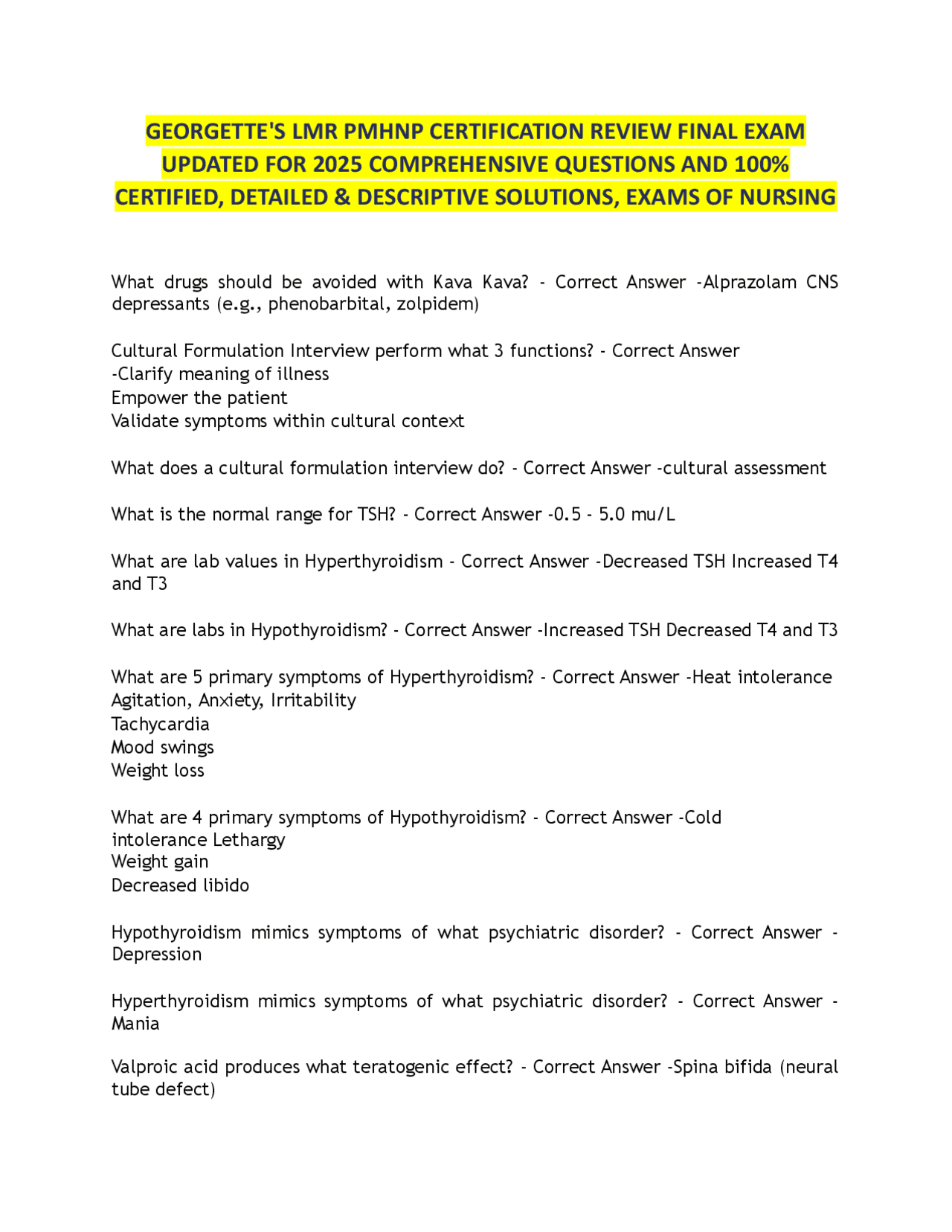 GEORGETTE'S LMR PMHNP CERTIFICATION REVIEW FINAL EXAM UPDATED FOR 2025 ...