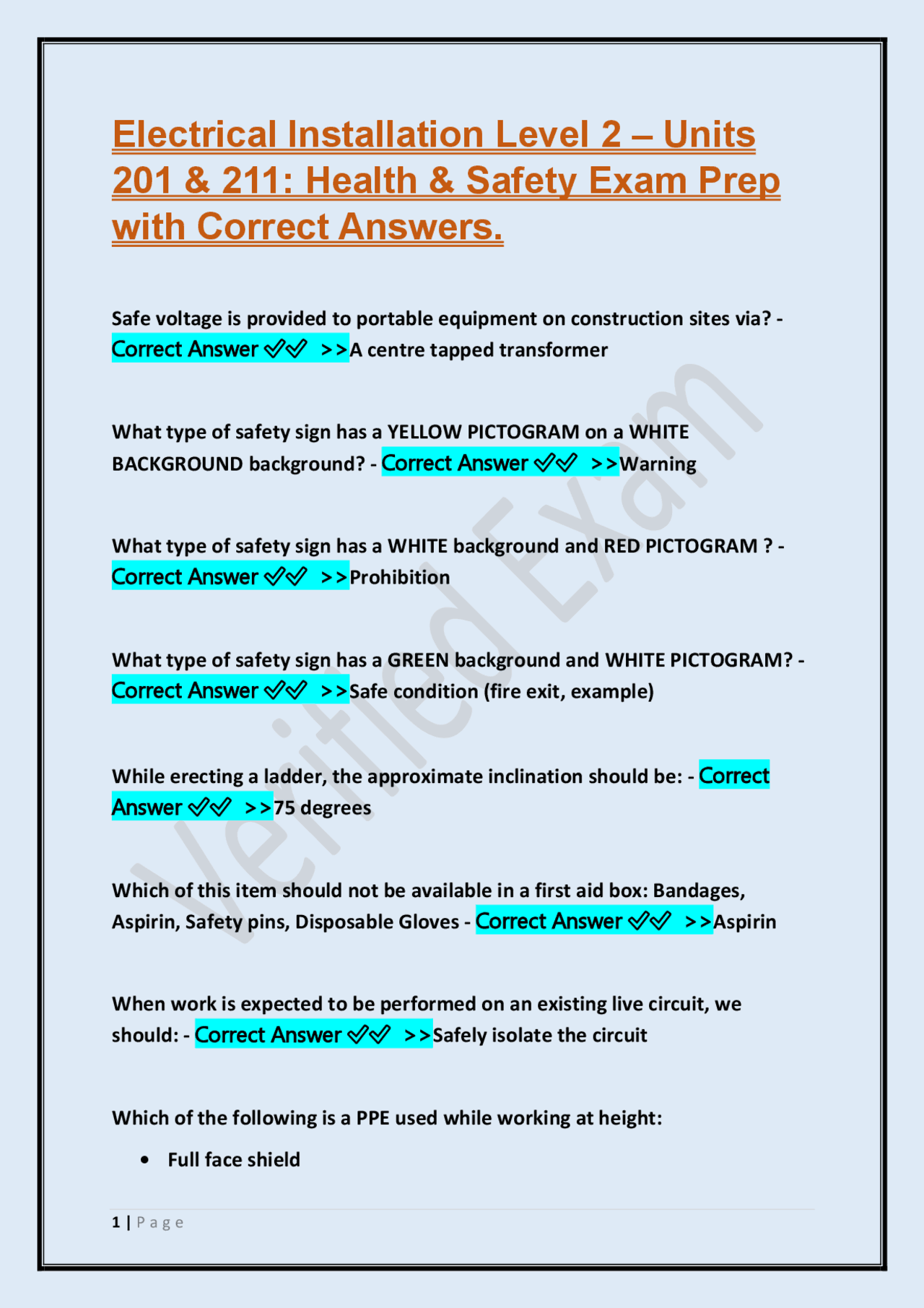 Electrical Installation Level 2 – Units 201 & 211: Health & Safety Exam ...