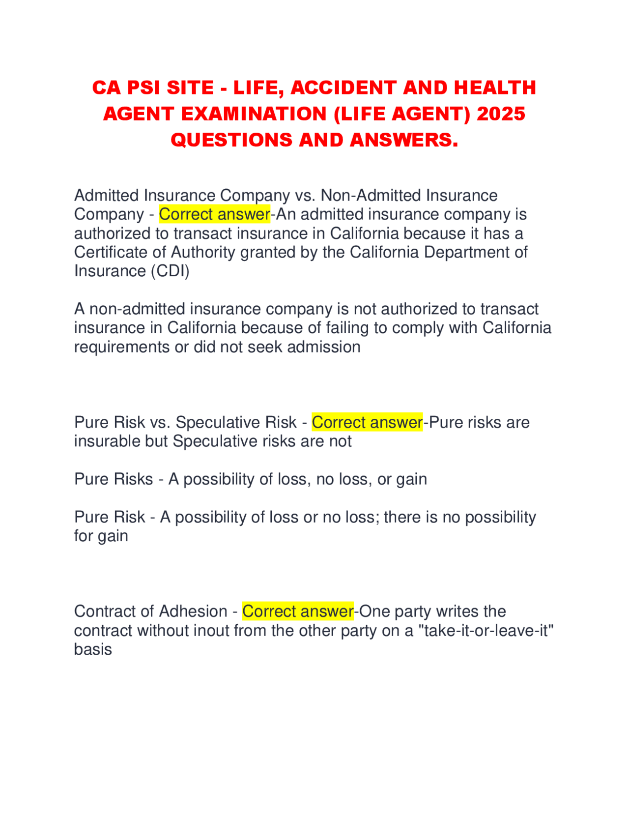 CA PSI SITE - LIFE, ACCIDENT AND HEALTH AGENT EXAMINATION (LIFE AGENT ...