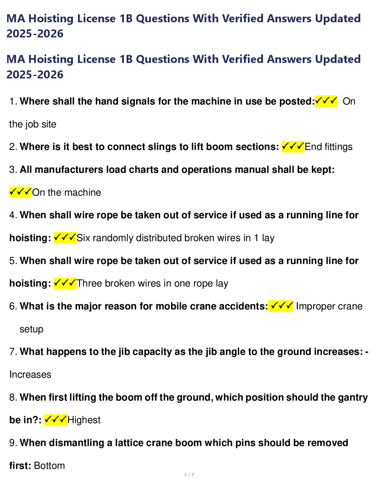 MA Hoisting License 1B Questions With Verified Answers Updated 2025 ...