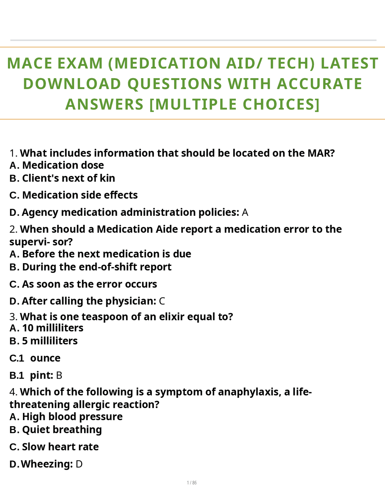 MACE EXAM (MEDICATION AID/ TECH) LATEST DOWNLOAD QUESTIONS WITH ...