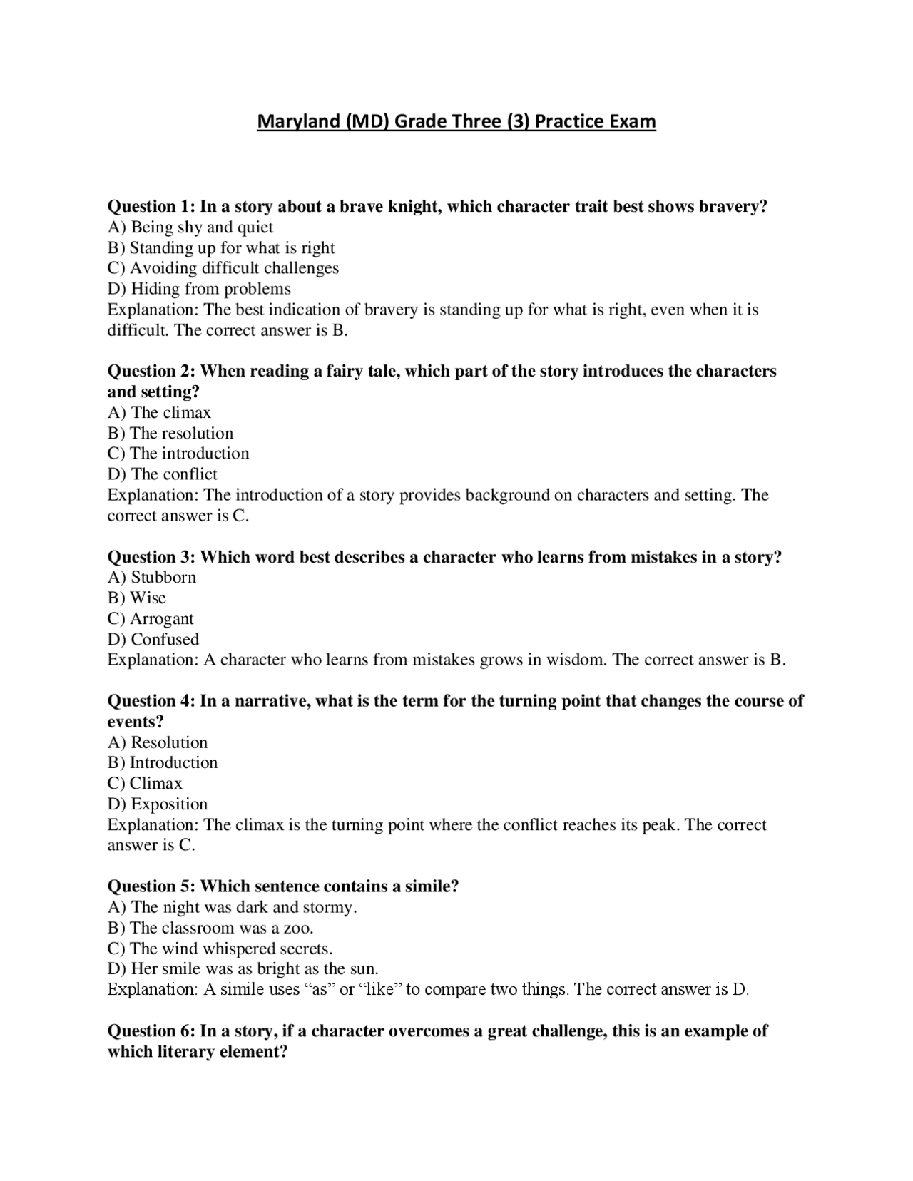 Maryland (MD) Grade Three (3) Practice Exam | Exams Technology | Docsity