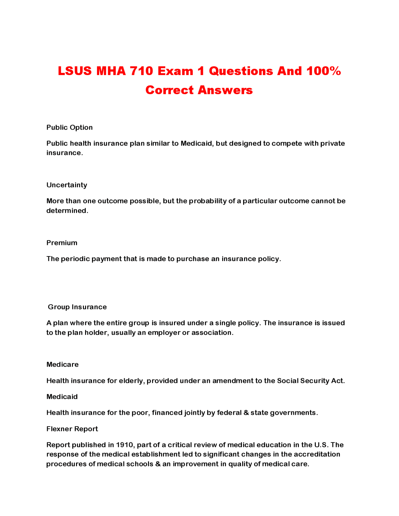 LSUS MHA 710 Exam 1 Questions And 100% Correct Answers | Exams Advanced ...